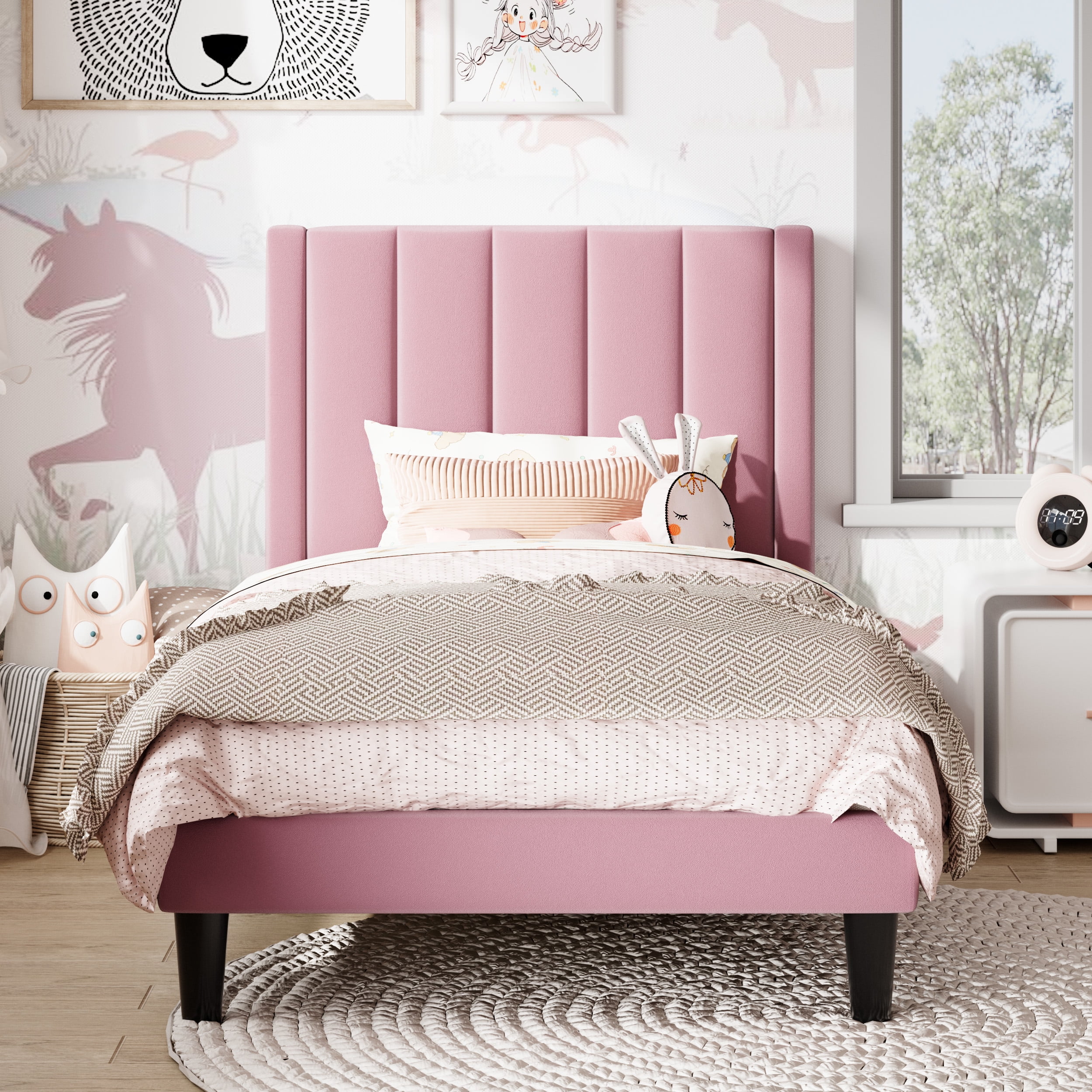Amolife Twin Bed Frame, Upholstered Bed Frame with Velvet Vertical ...