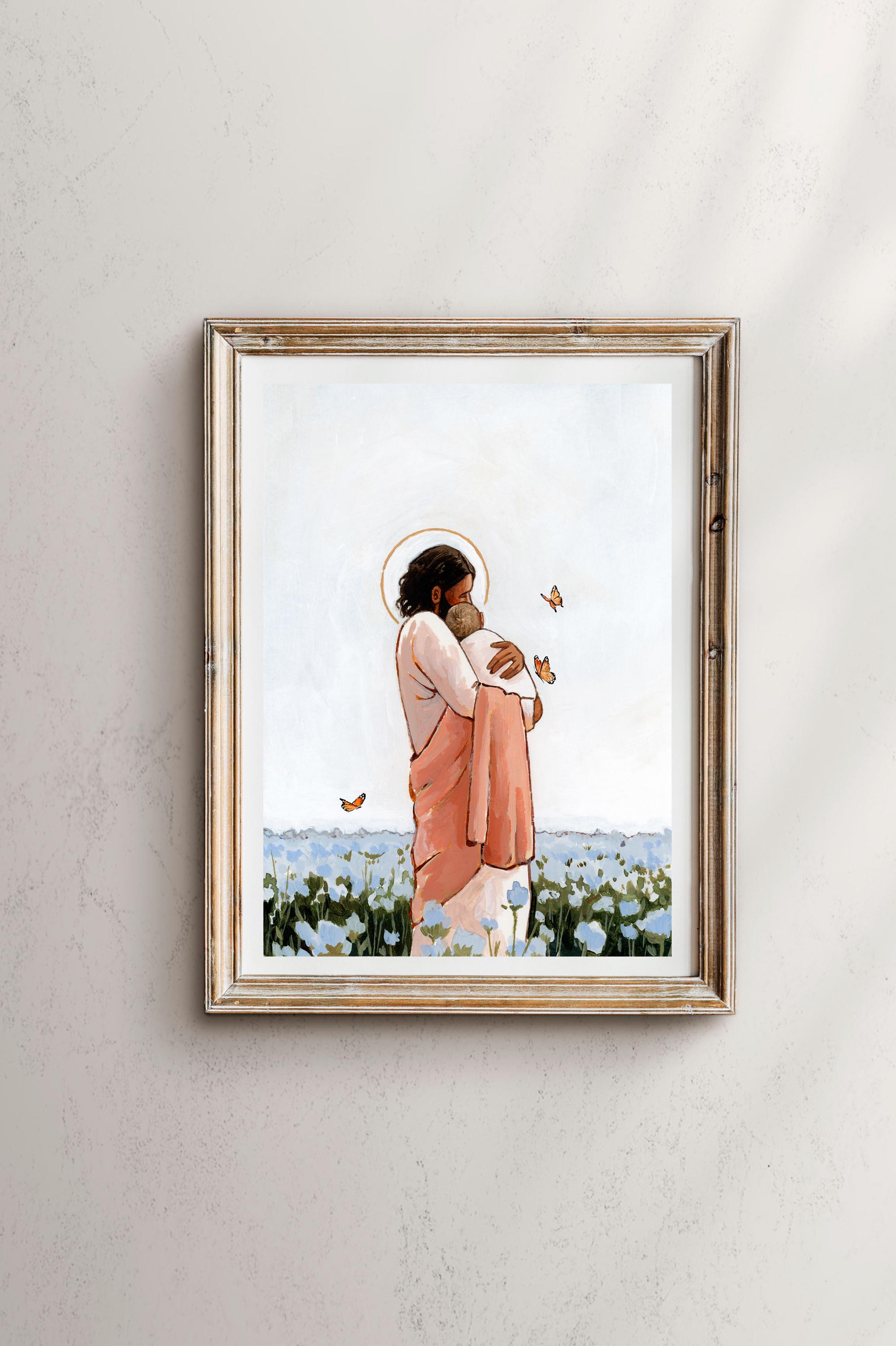 Among The Forget Me Nots- Jesus Holding Angel Baby Art Print, Pregnancy ...