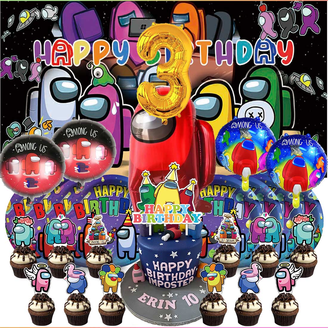Among Us 3rd Tableware Balloons Cake Toppers Backdrop Banner Supplies ...