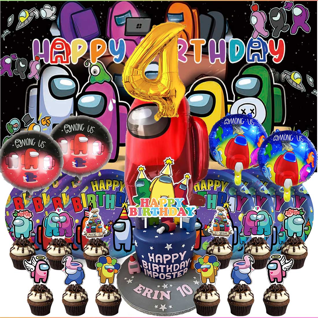 Among Us 4th Tableware Balloons Cake Toppers Backdrop Banner Supplies ...