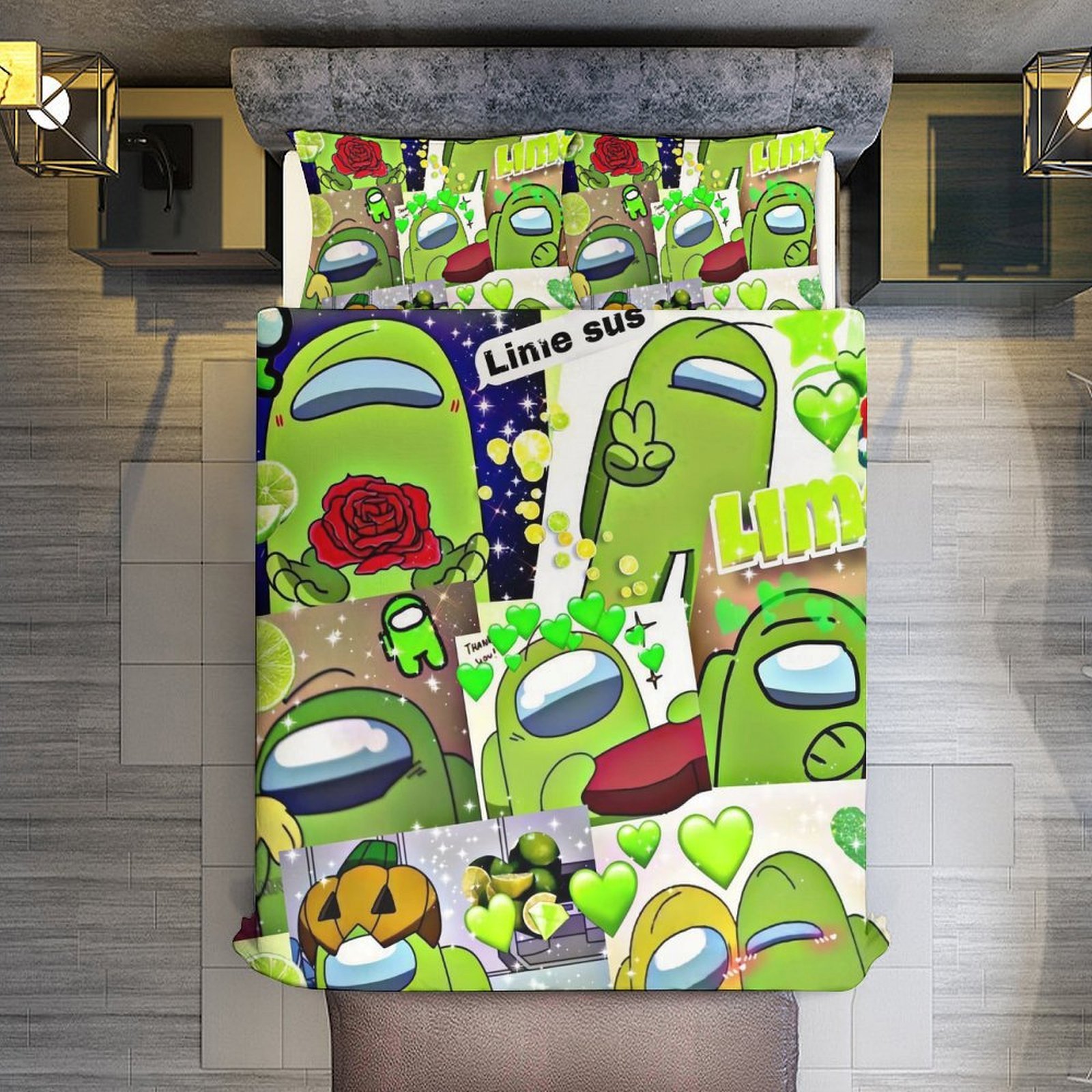 Among Us Game Green Collage Queen Sheet Set for Kids and Adults,Soft ...