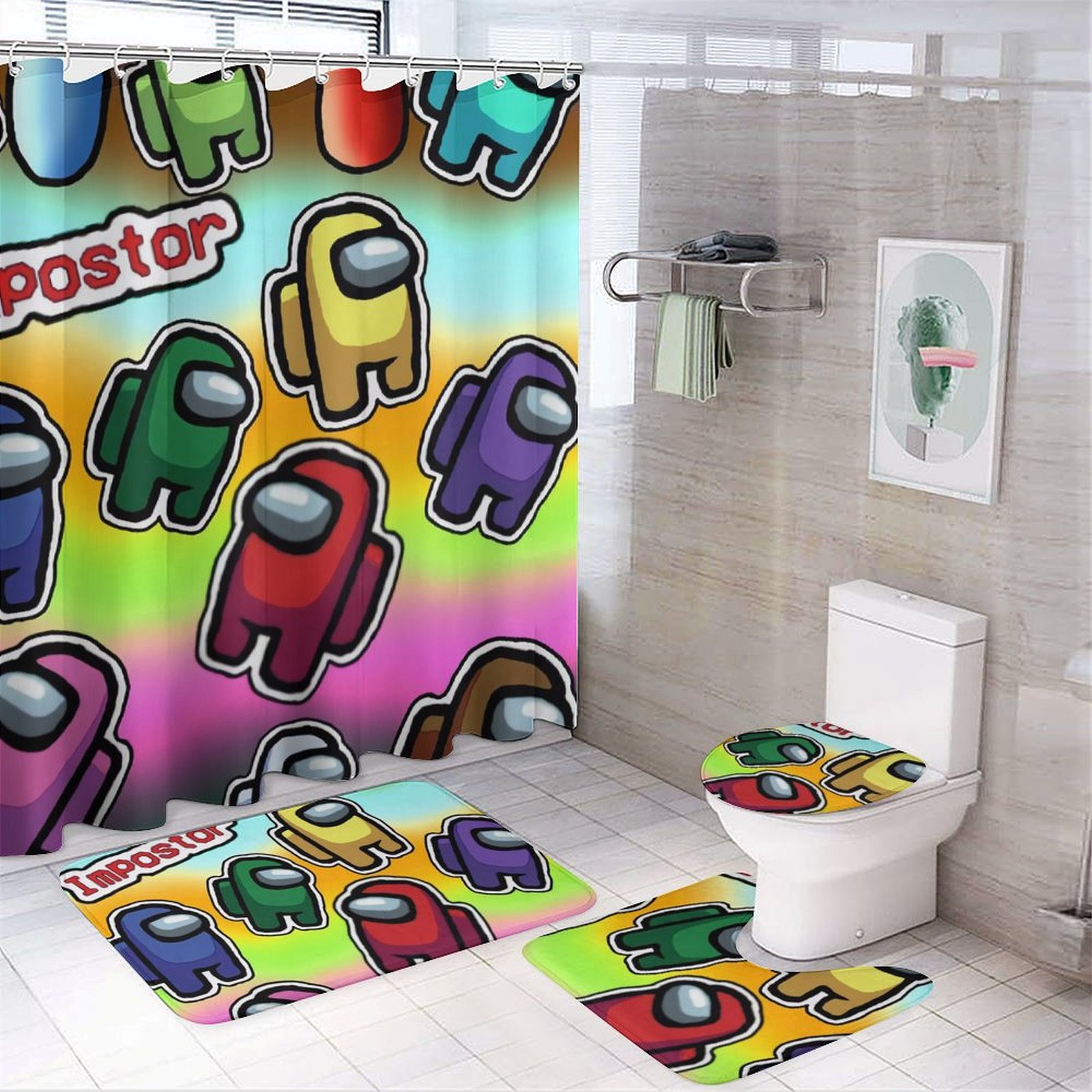 Among Us Impostor Cartoon Shower Curtain Set for Bathroom 4 Piece ...