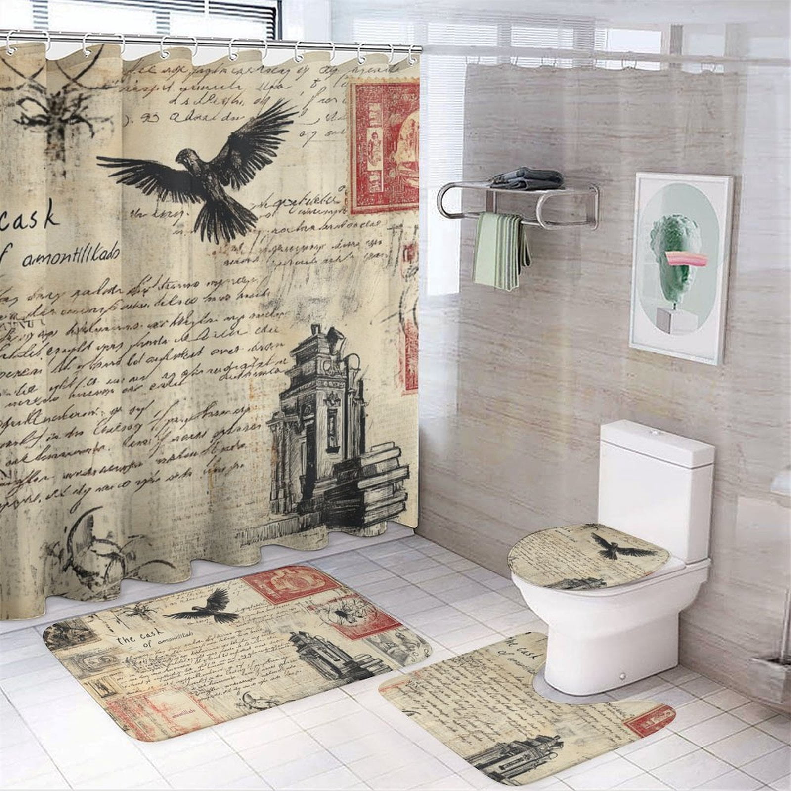 Amontillado Cask Vintage Collage Shower Curtain Set Modern Bathroom ...