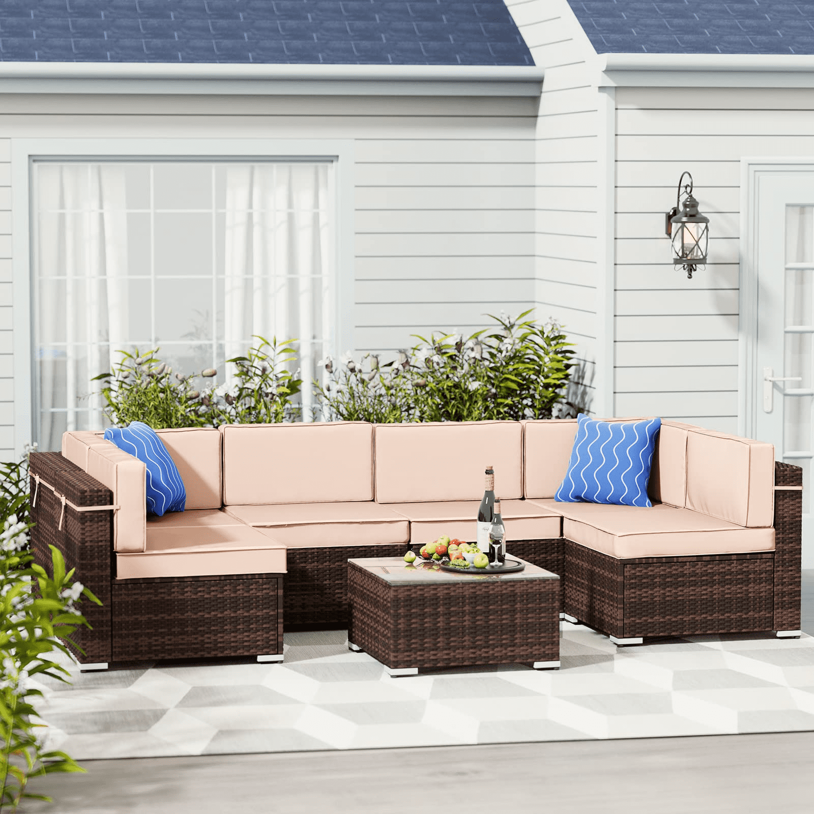 Amopatio 7 Pieces Patio Conversation Set, Outdoor Sectional PE Rattan ...