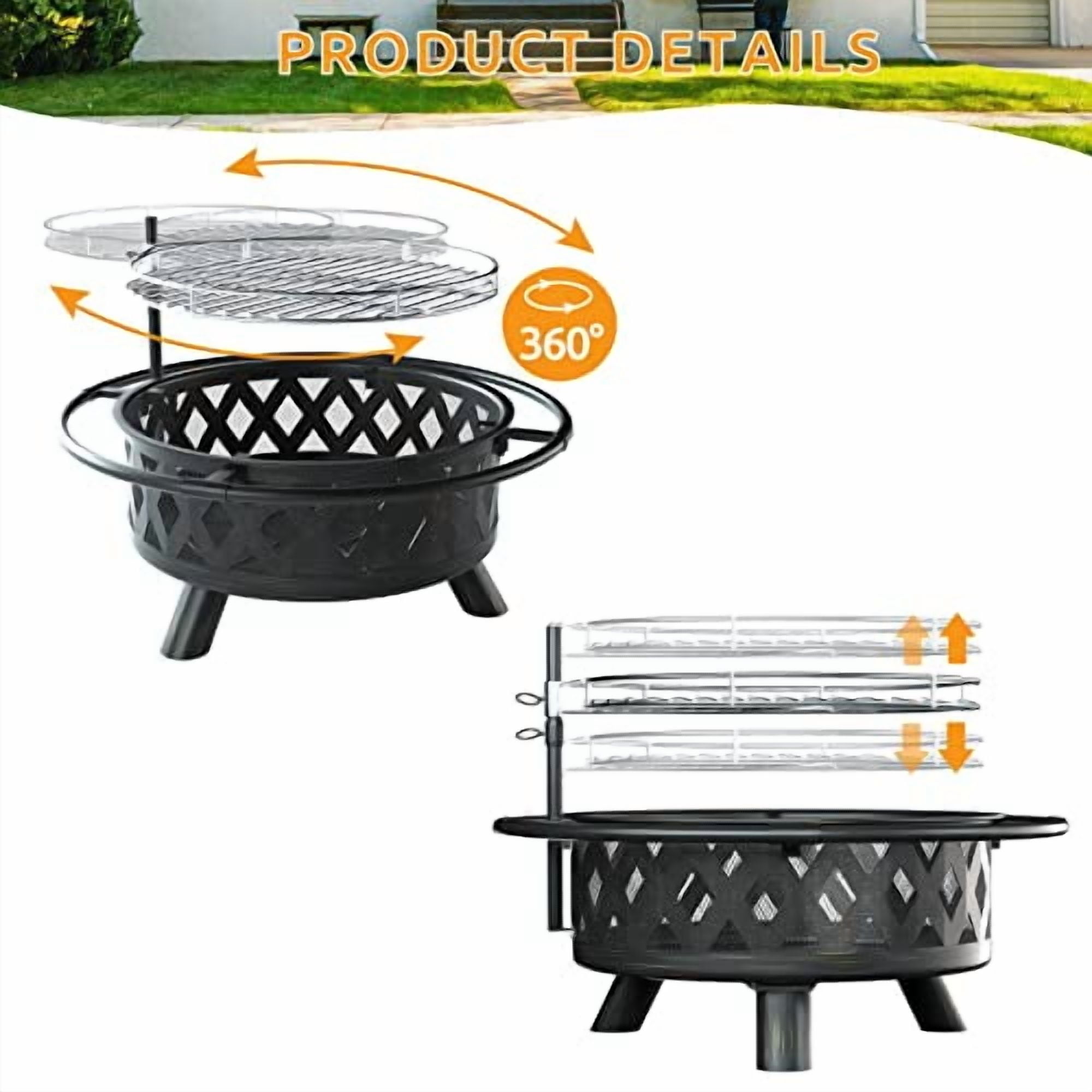 Amopatio Fire Pit with Mat & Cover, 30 Inch Large Outdoor Wood Burning ...
