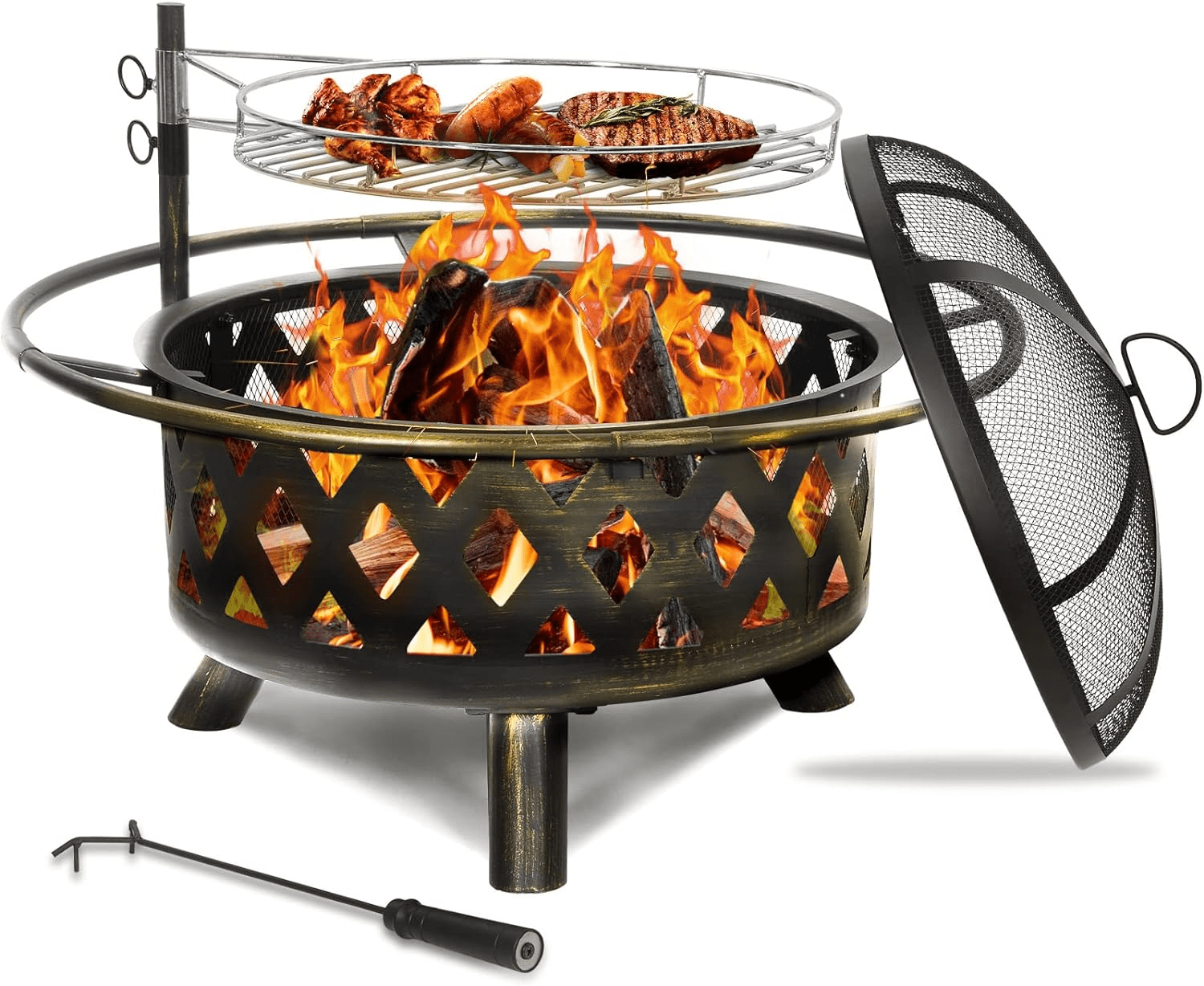 "Amopatio 30"" Large Outdoor Fire Pit with Mat, Cover, BBQ Grill Grate ...