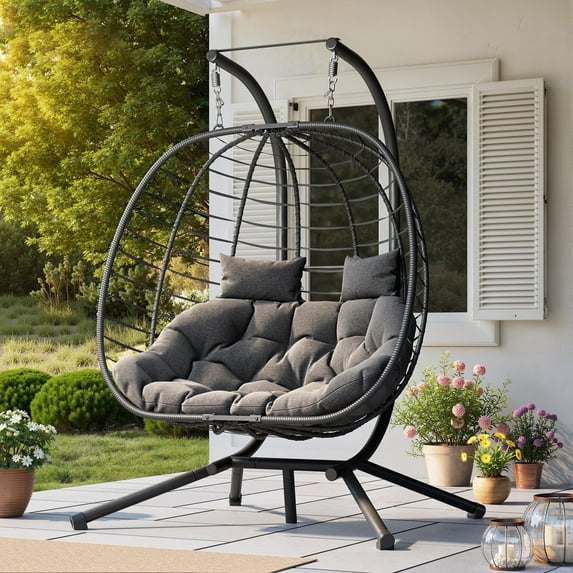 Amopatio Hanging Egg Chair with Stand Double Wicker Swing Egg Chair ...