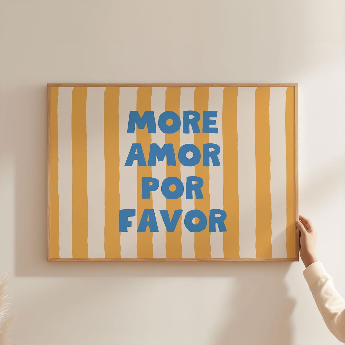 More Amor Por Favor Poster | Yellow Teal Blue Typography Landscape Horizontal Stipe Pattern Wall ...