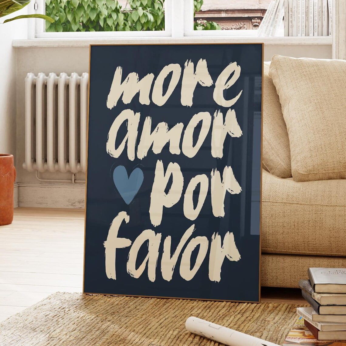 More Amor Por Favor Print Minimalist Heart Poster, Navy Blue Typography ...