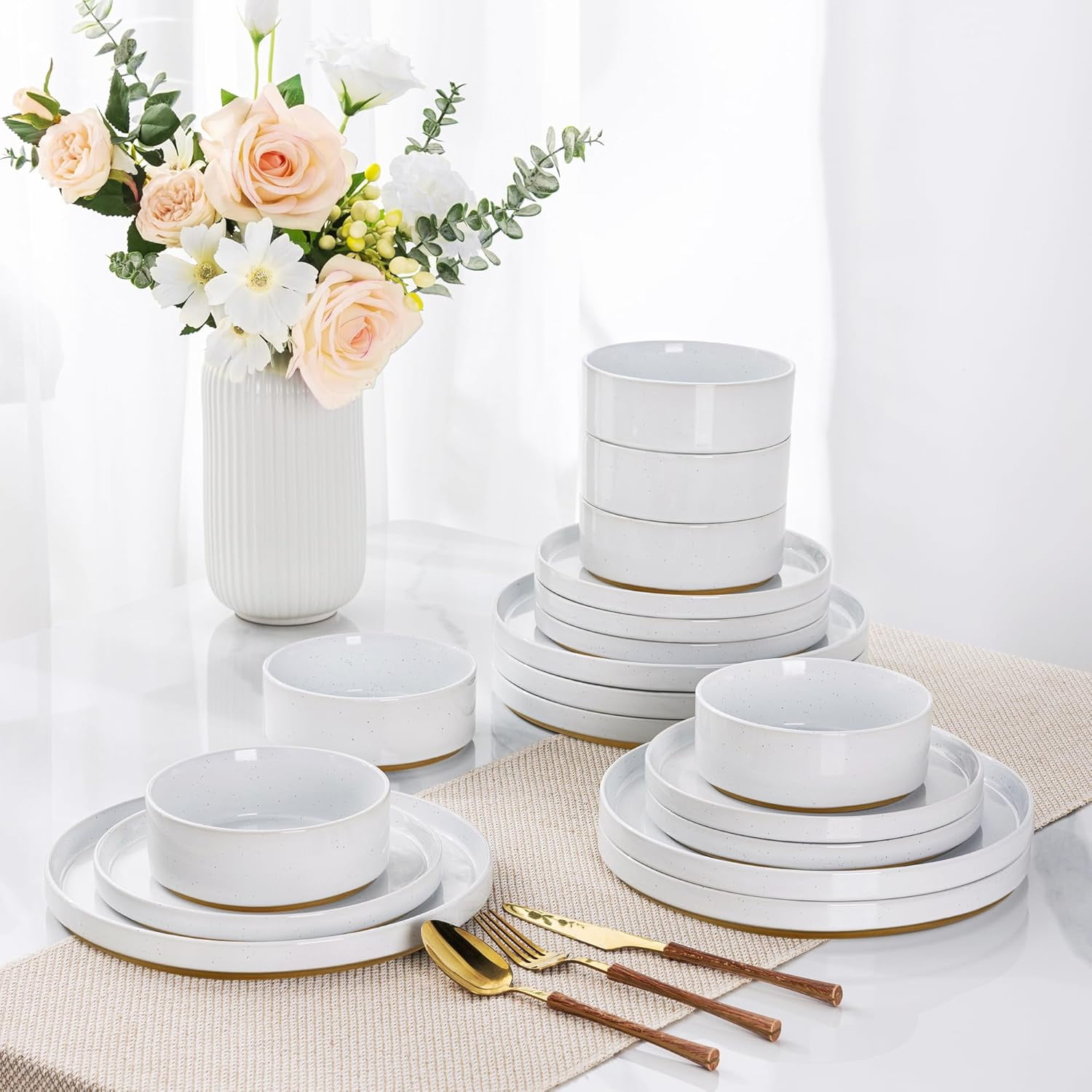 Ceramic Dinnerware Set for 6 | Speckled Stoneware Plates and Bowls with ...