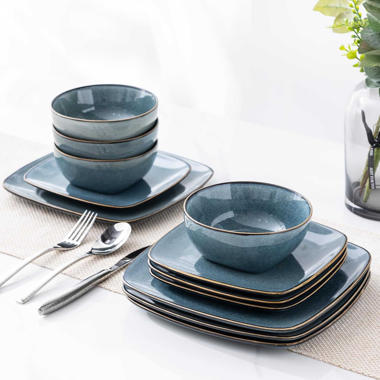 AmorArc Ceramic Dinnerware Sets for 4, 12 Pieces Square Handpainted ...
