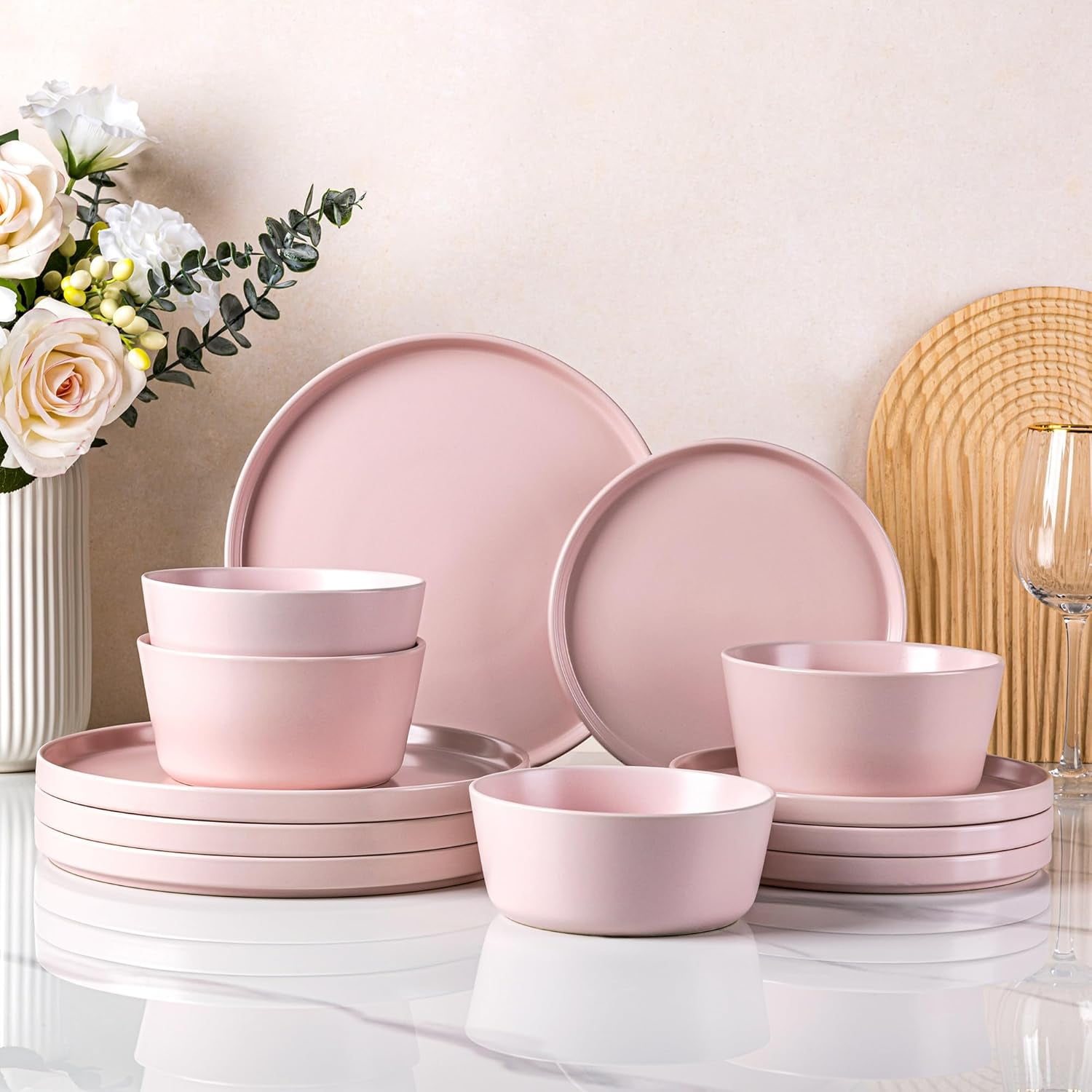 AmorArc Ceramic Dinnerware Sets for 4, Modern Flat Stoneware Plates and ...