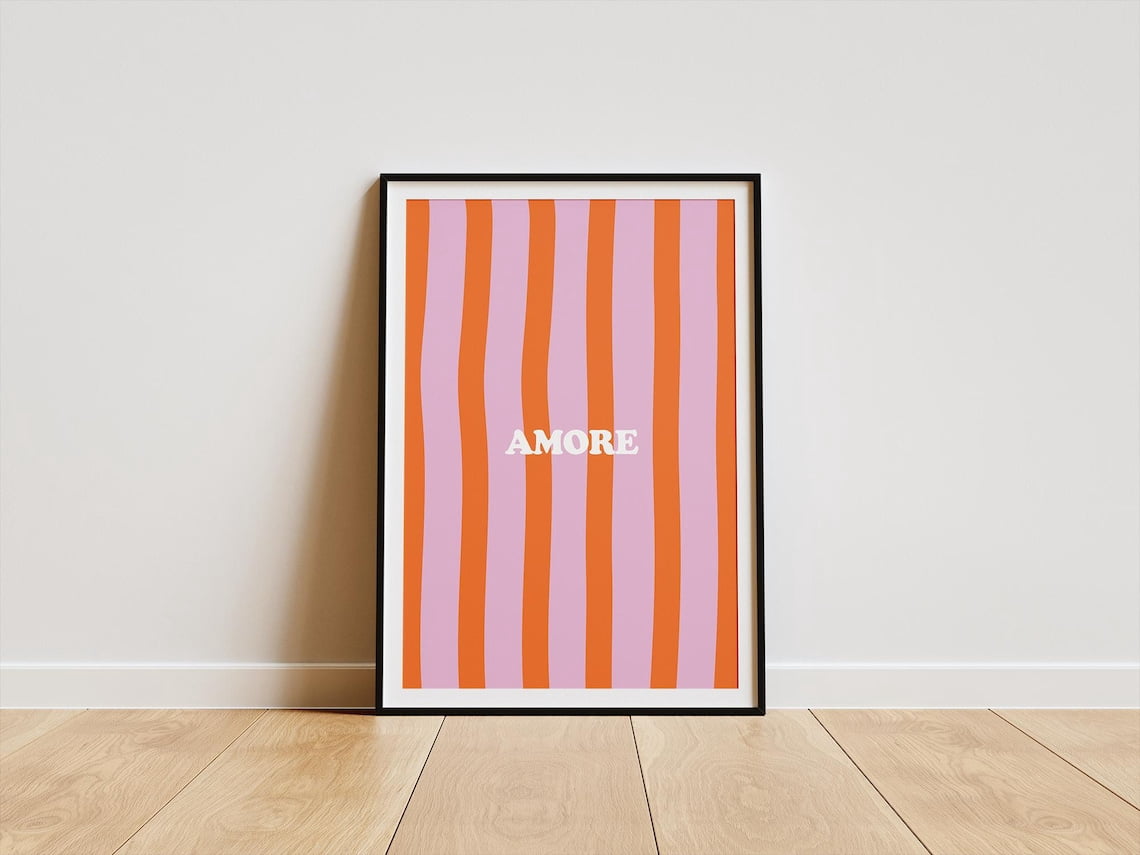 Amore Wall Art Print, Pink And Orange Stripe Poster, Modern Home Decor ...