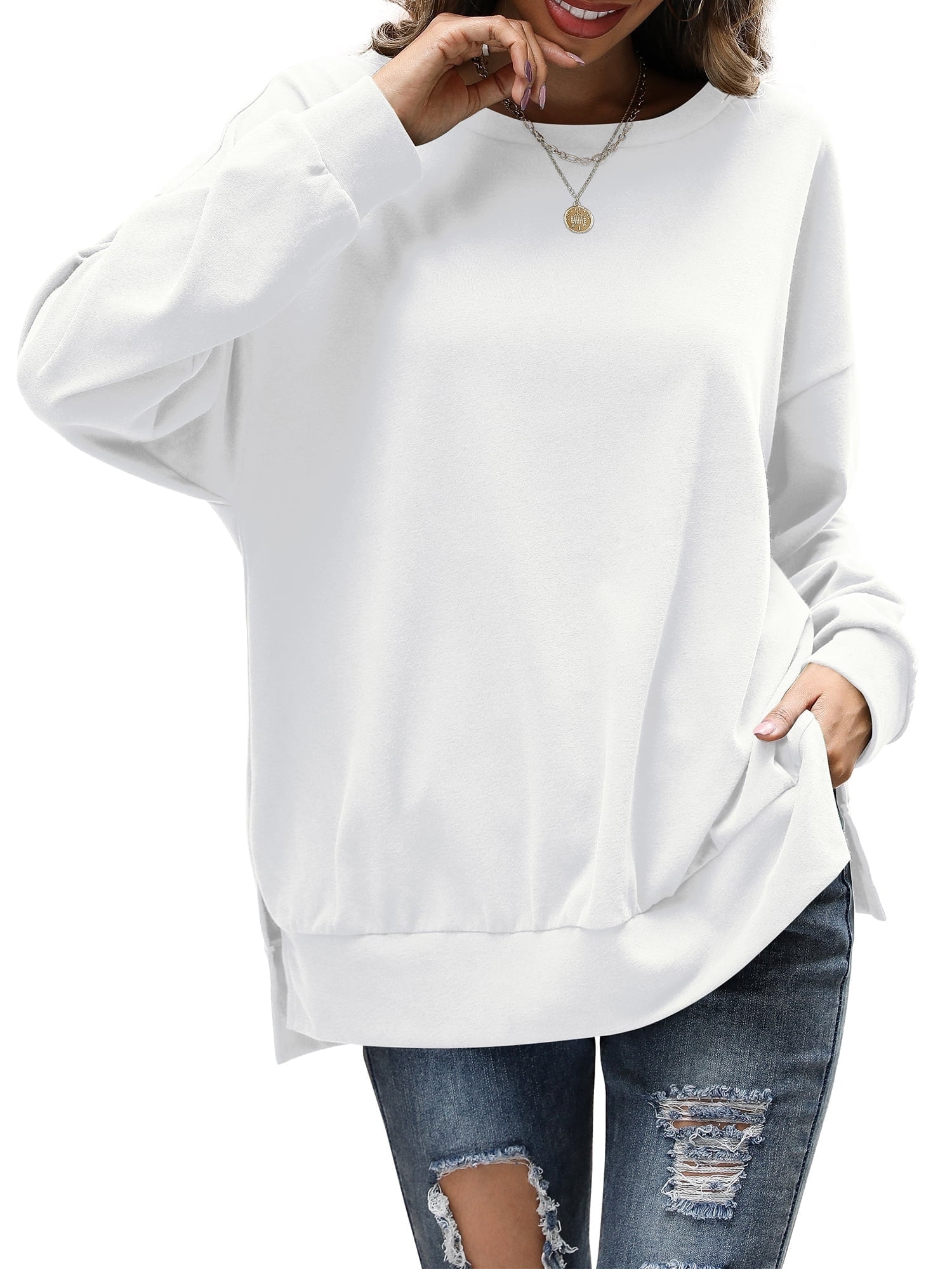 Fancyglim Women's Oversized Crewneck Sweatshirt White XL Drop Shoulder ...