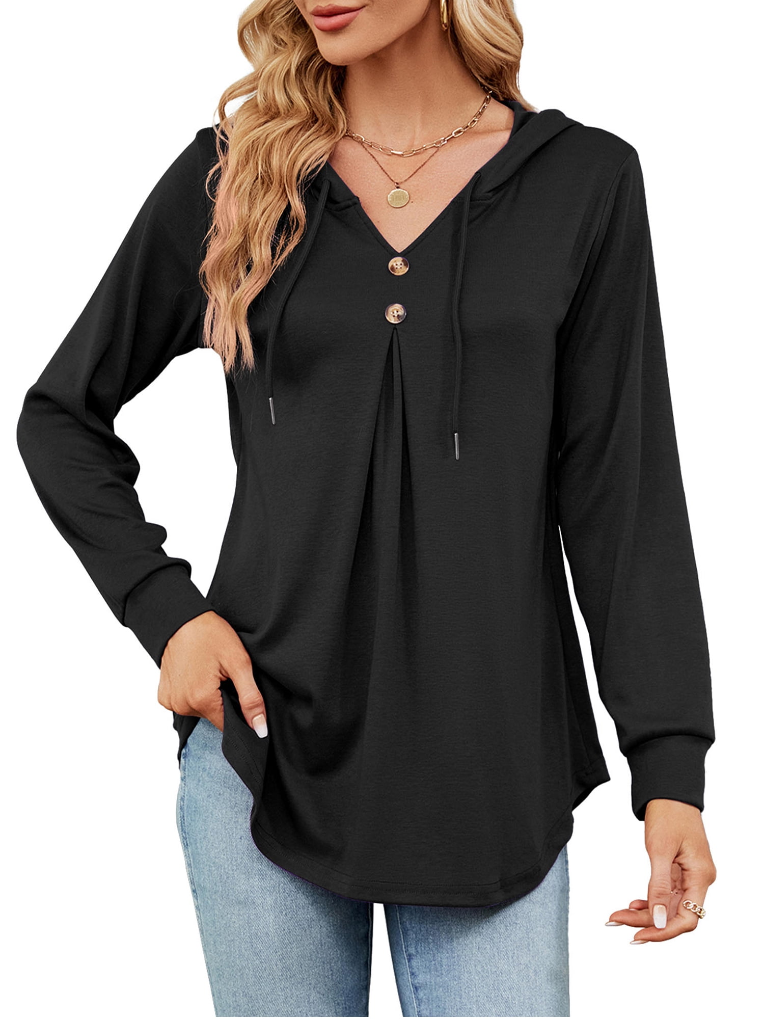 Amoretu Women Button Swing Pullover Long Sleeve Drawstring Hooded Top ...