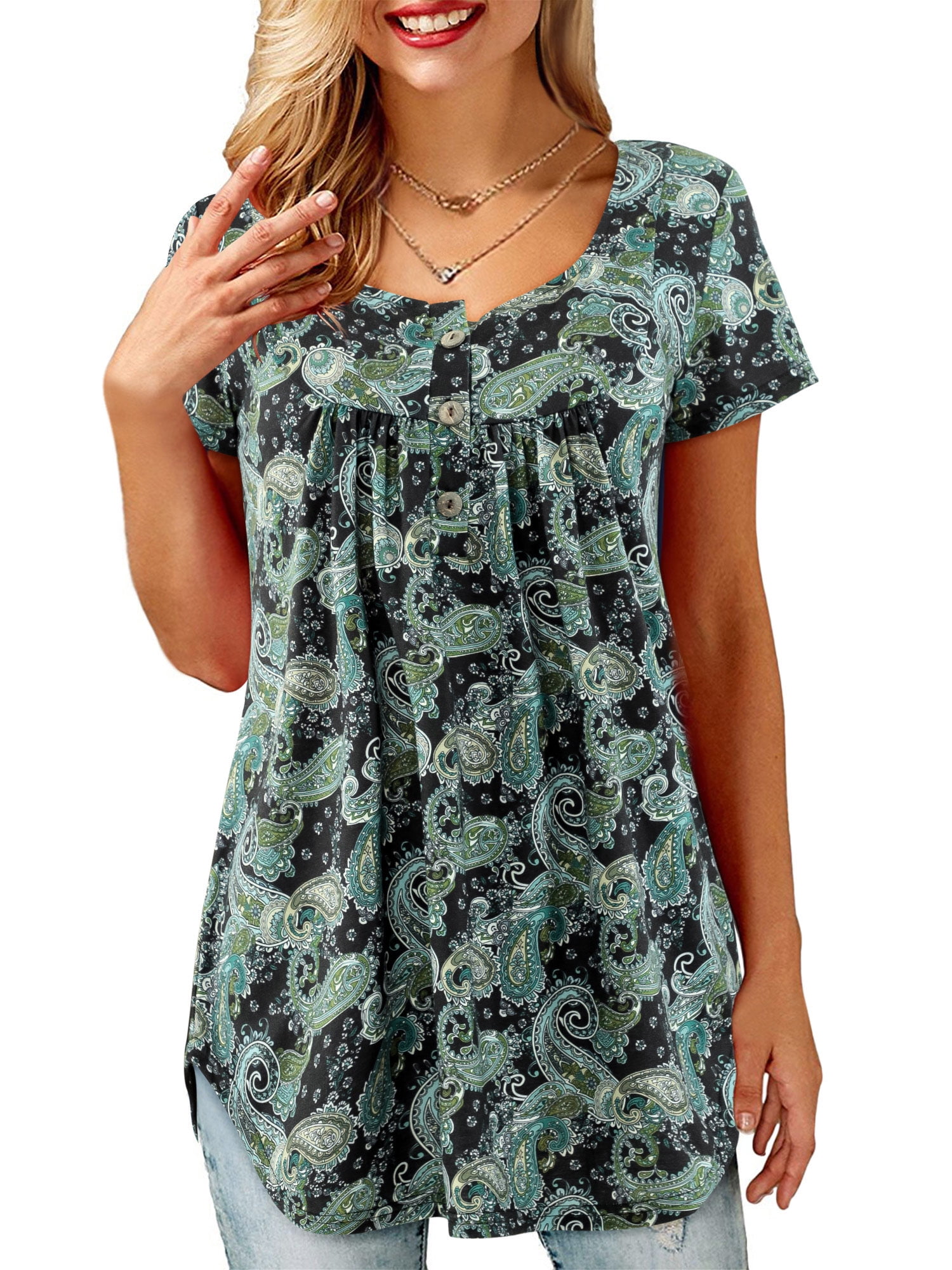 Amoretu Women Henley Shirts Cute Flowy Pleated Floral Tunic Blouses ...