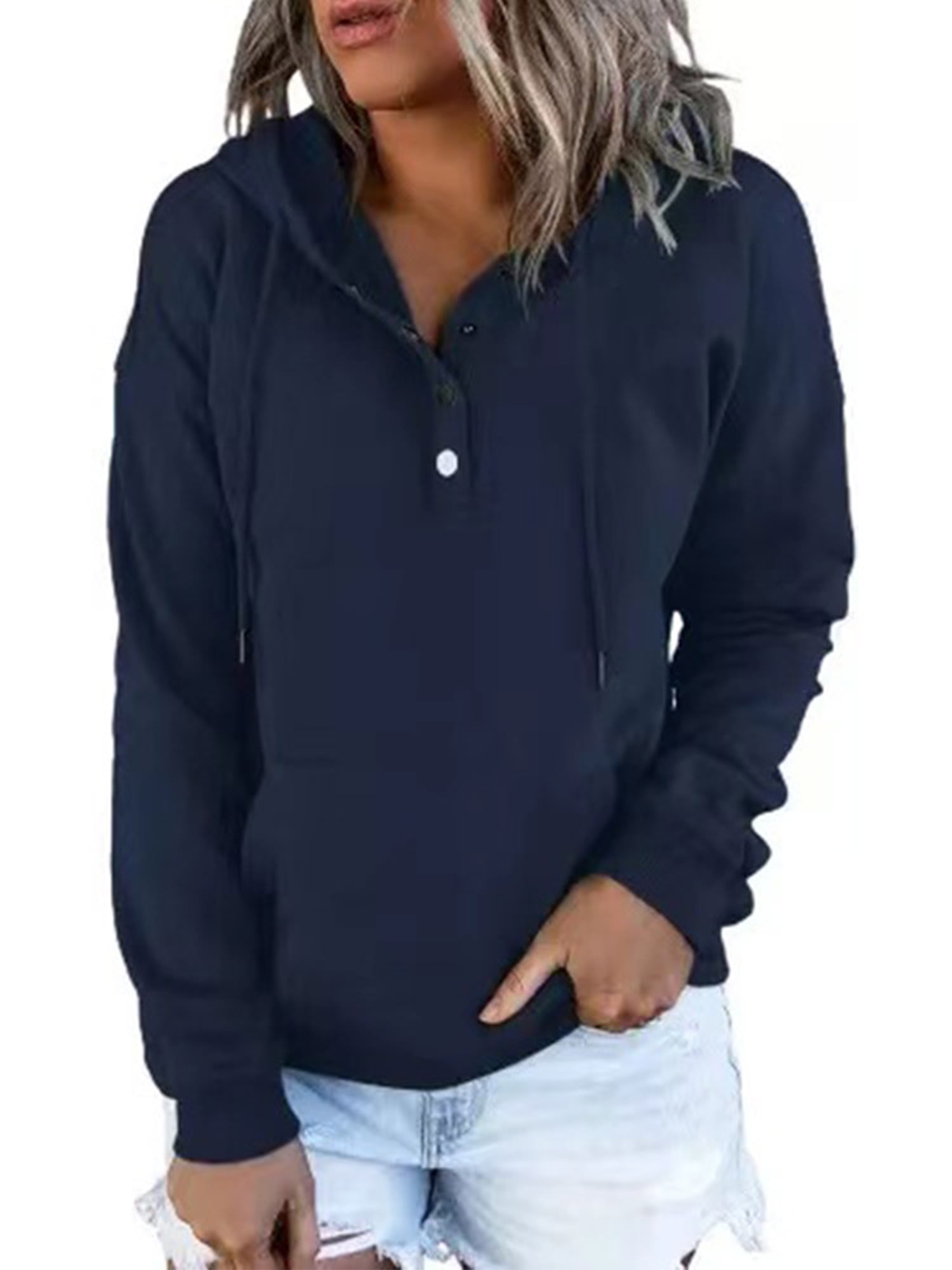 Amoretu Women Hooded Pullover Sweatshirts with Buttons Loose Tops, Navy ...