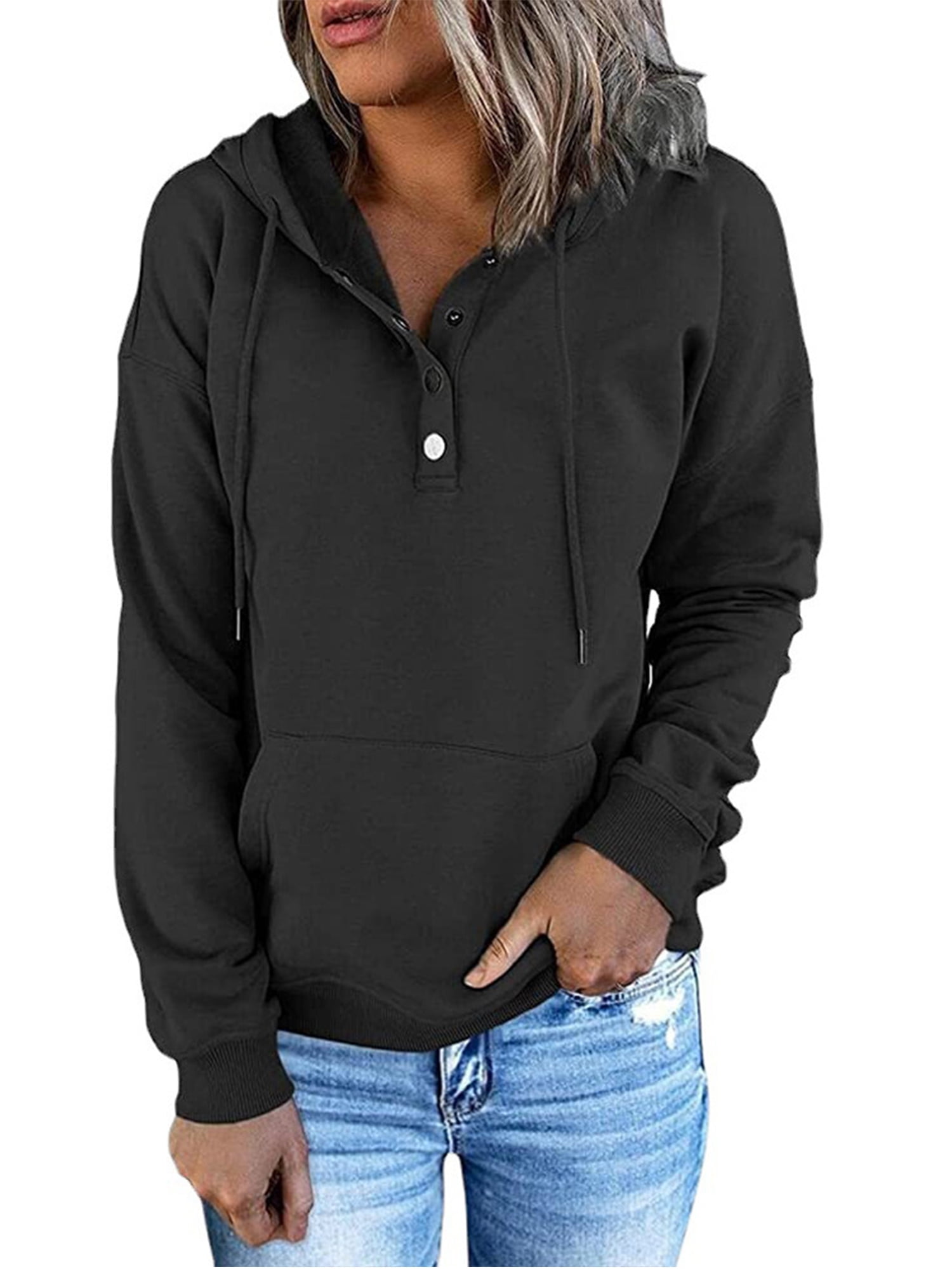 Amoretu Women Hooded Sweatshirt Drawstring Button up Top with Pocket ...