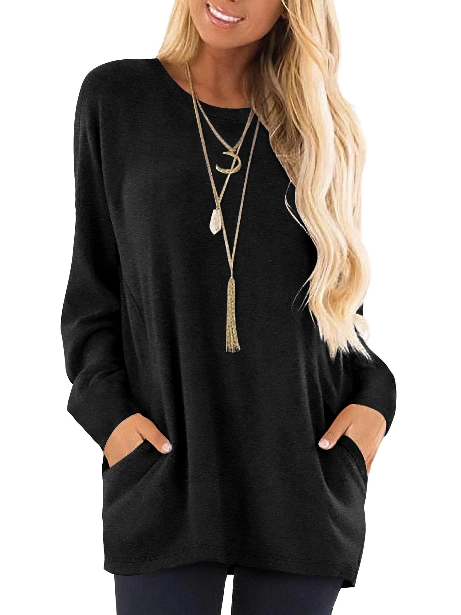 Amoretu Women's Long Sleeve Tunic Top with Pockets, Scoop Neck, Loose ...