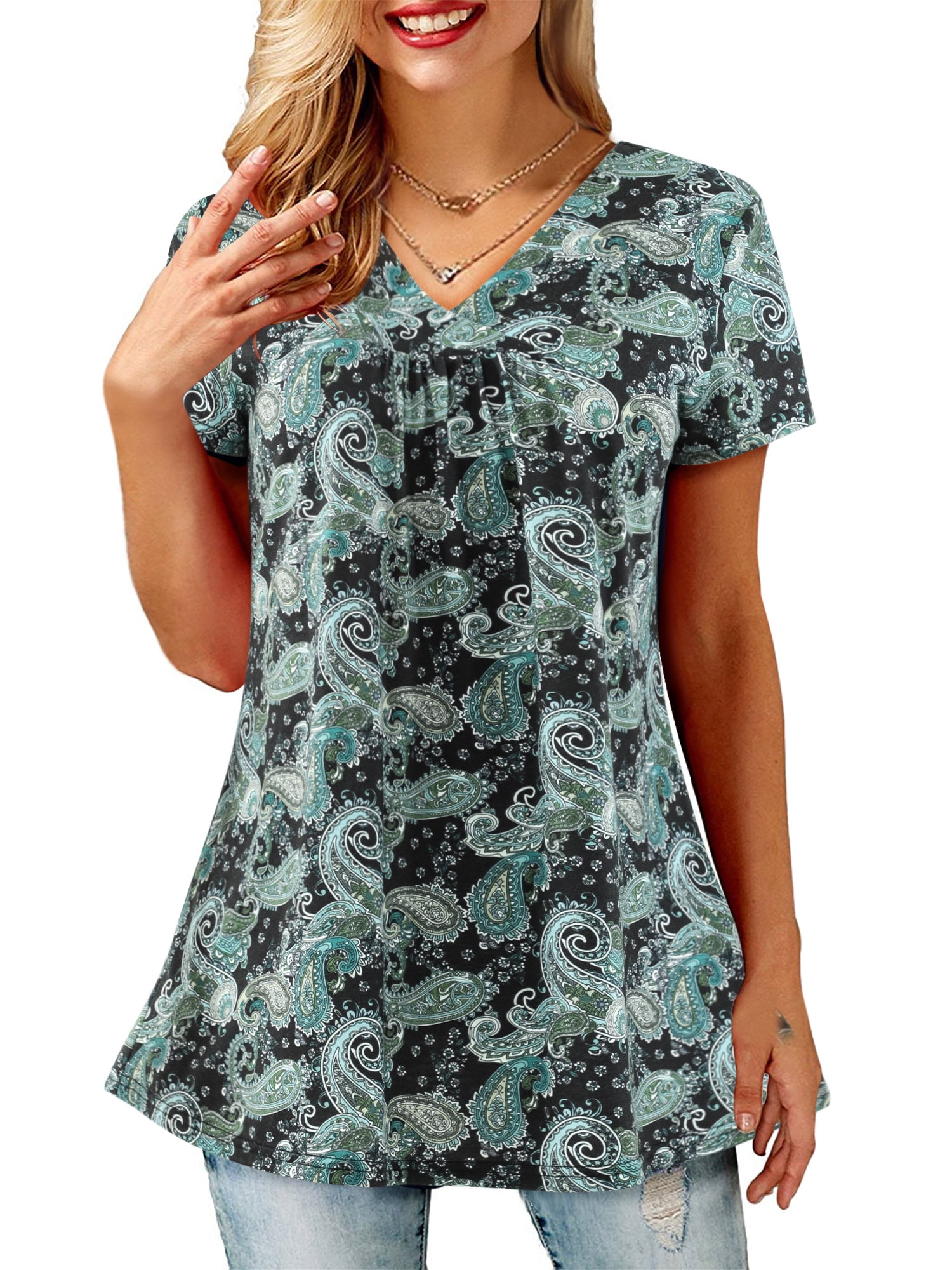 Amoretu Women Short Sleeve Shirt Flowy Tunic Top Casual Paisley Blouse ...