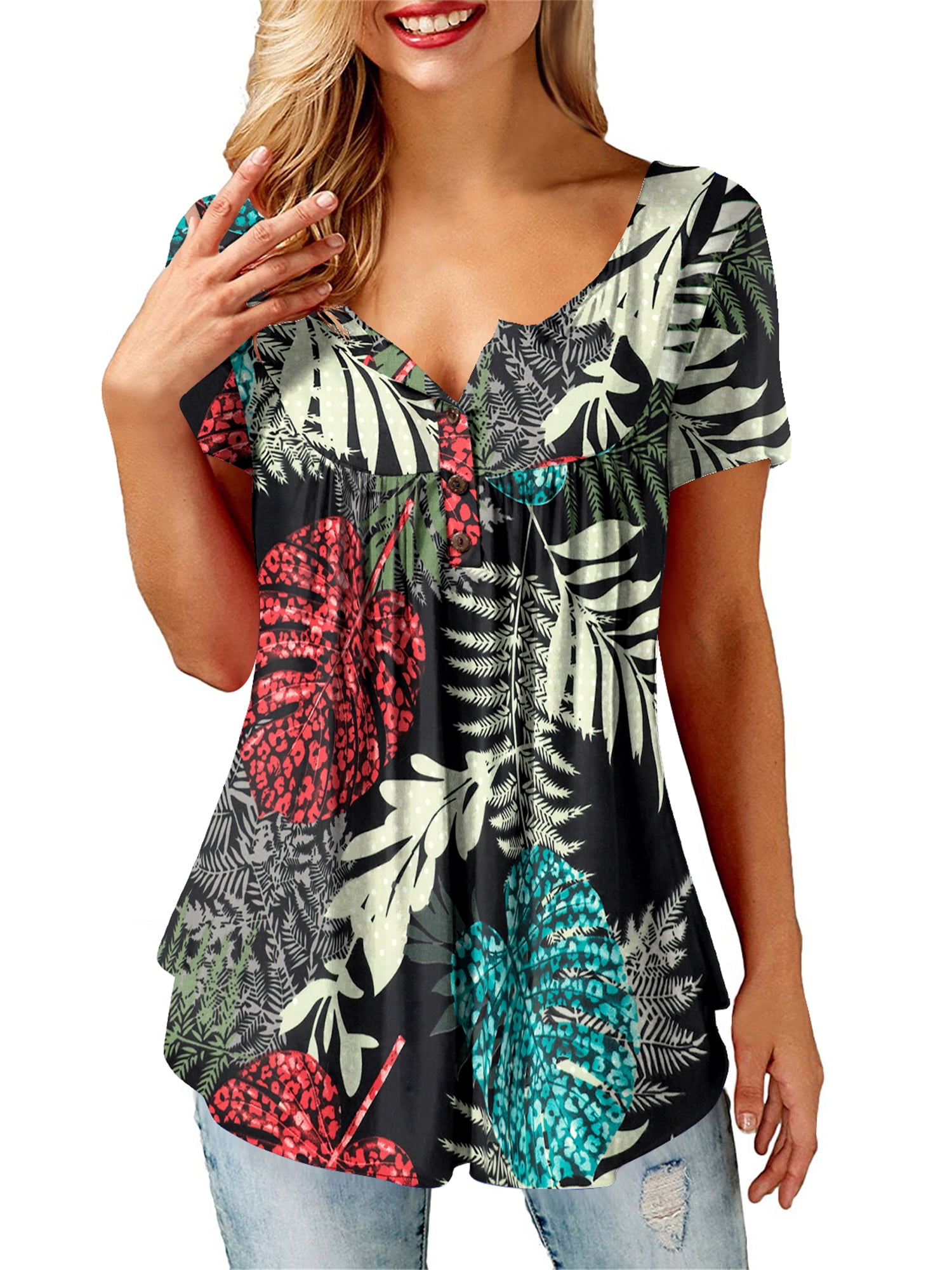 Amoretu Women Short Sleeve Tops V Neck Henley Tunic Shirt Blouse Black ...