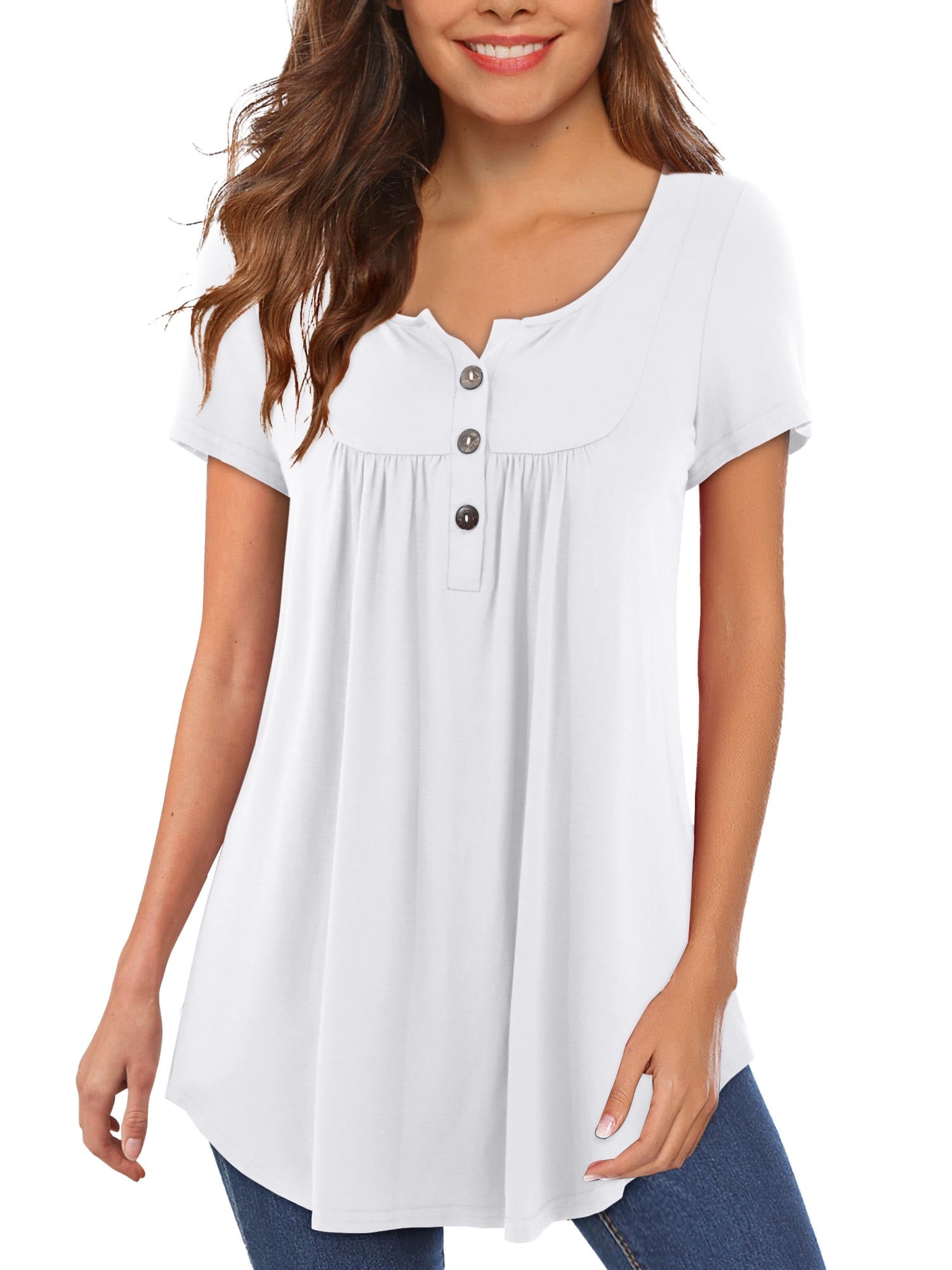 Fancyglim Women T Shirts Short Sleeve Round Neck Button Up Tunic Tops ...