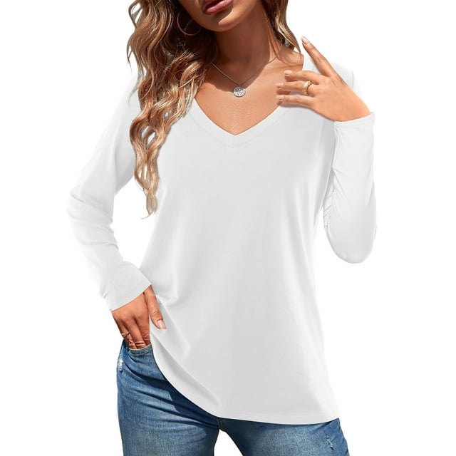 Fancyglim Women Tops Casual Deep V Neck Long Sleeve Plain Tee Shirts ...