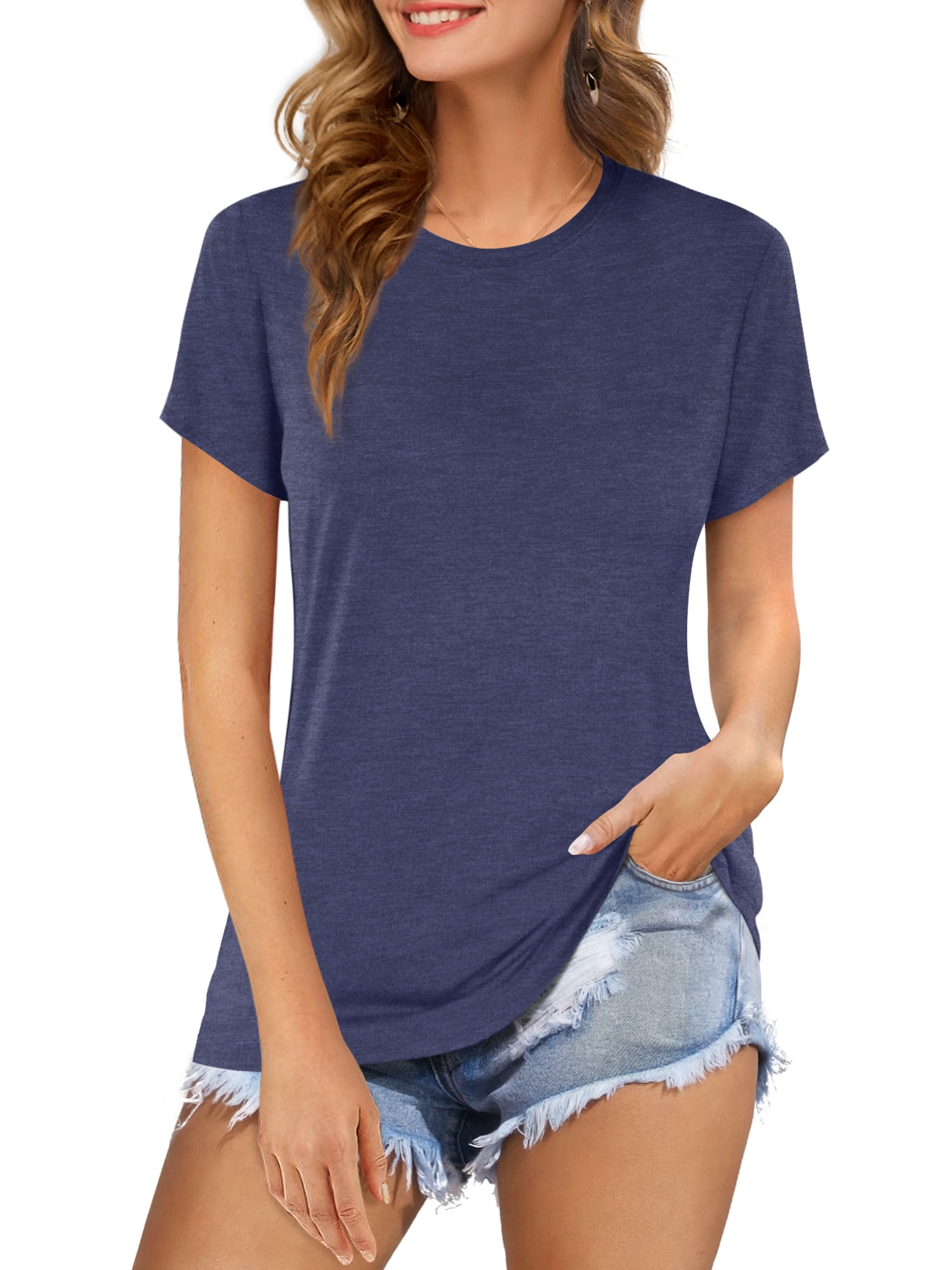 Fancyglim Women Tops Short Sleeve Crew Neck Plain T-Shirt Blouse(Navy Blue S) - Walmart.com