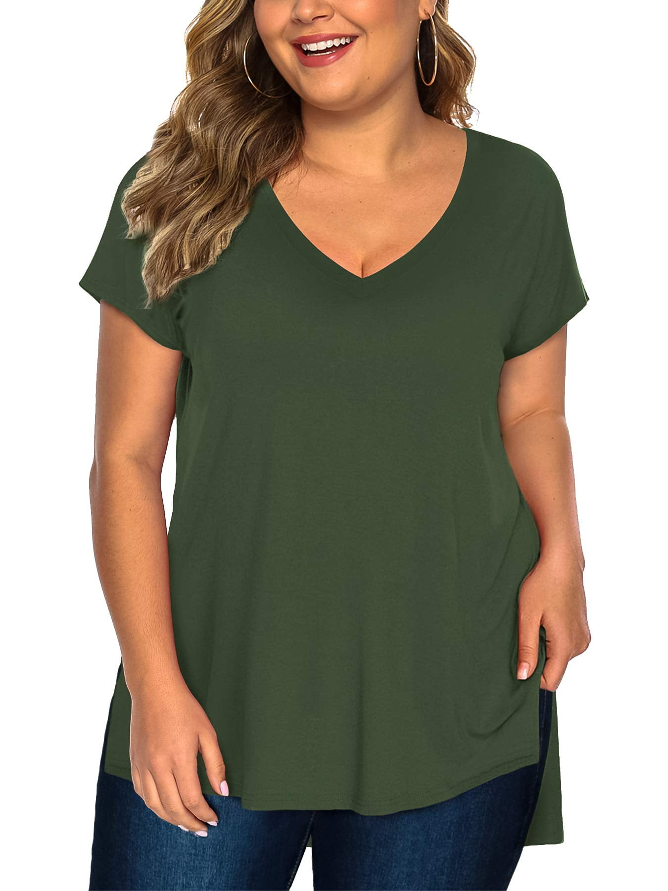 Amoretu Women's Long V-Neck Short Sleeve Plus Size Tee Shirts in Green ...