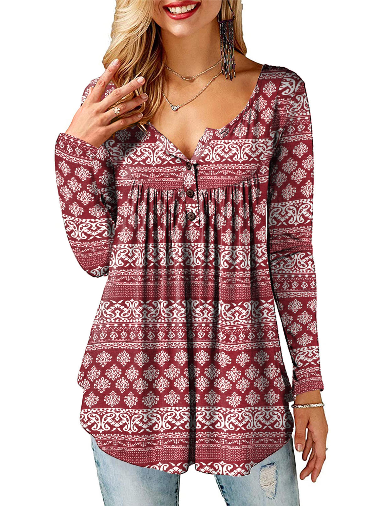 Lumento Women Long Sleeve Flare Tunic Tops 3/4 Sleeve Shirts Floral ...