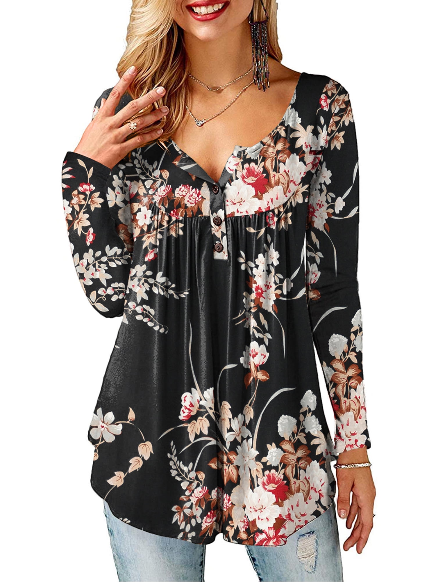 Amoretu Women V Neck Floral Shirt Long Sleeve Plus Size Blouse Loose ...