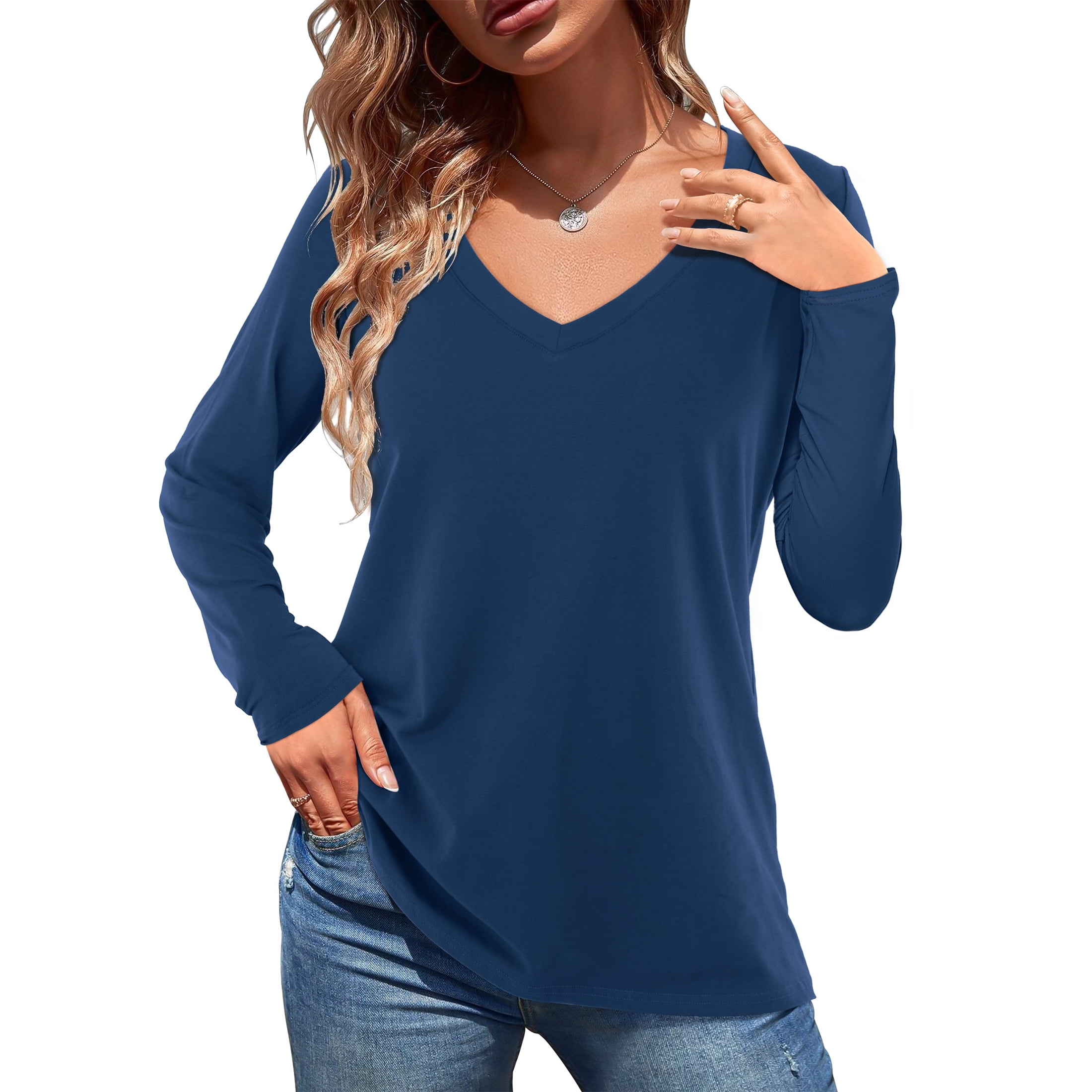 Amoretu Women's V-Neck Long Sleeve Blouse, Casual Plain Navy Top, Size ...