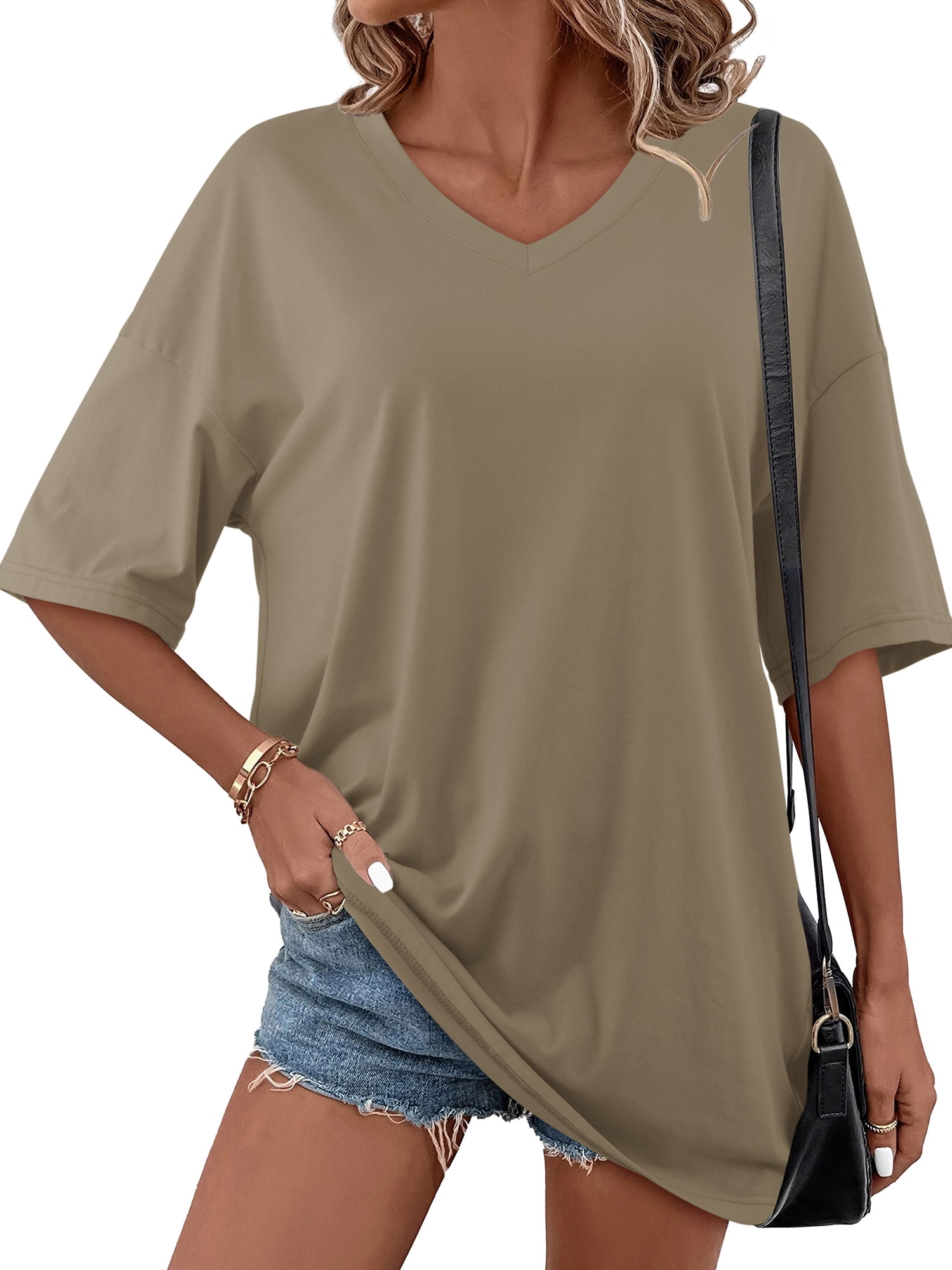Amoretu Women V Neck Top Summer Oversized T Shirt Half Sleeve Blouse