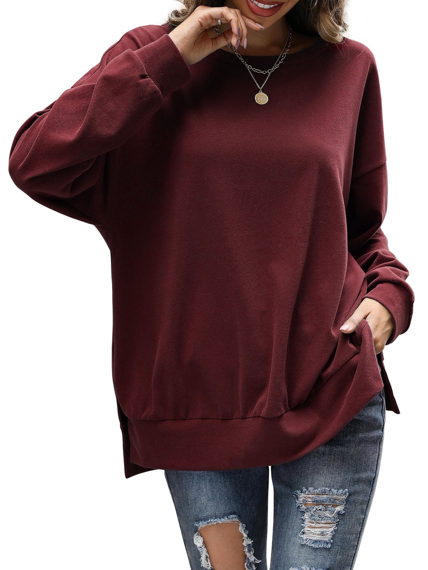 Amoretu Women's Round Neck, Oversized Sweatshirt with Drop-Shoulder ...