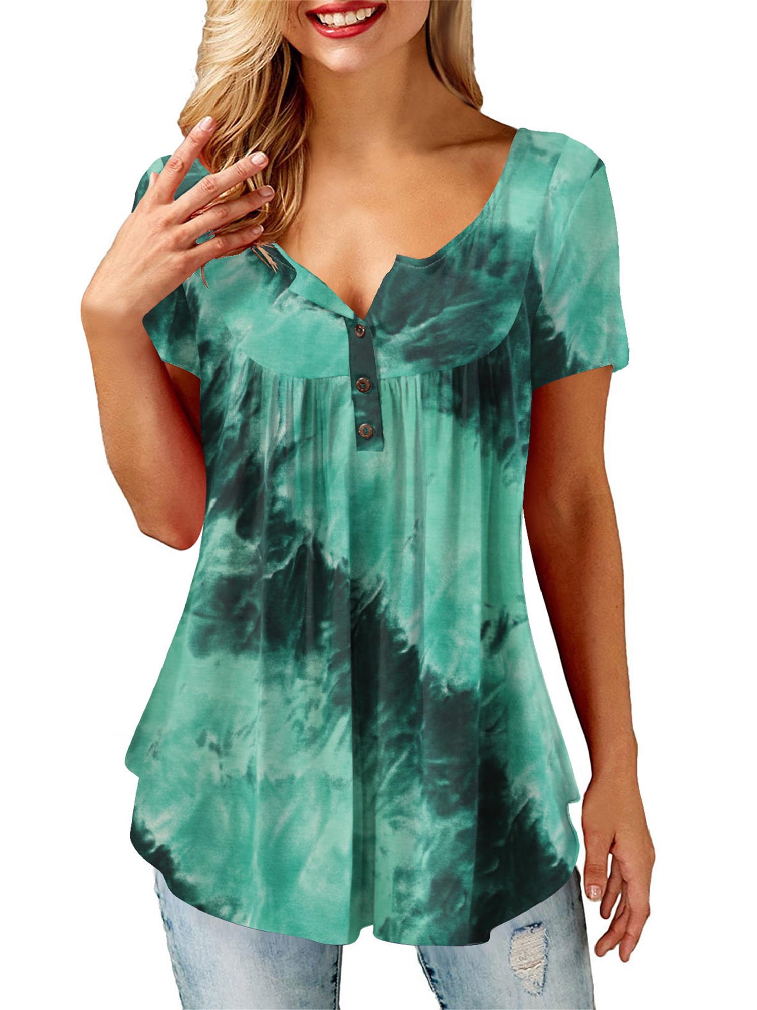 Amoretu Women's Short Sleeve Tie-Dye Henley Shirt Ladies Tunic Tops ...