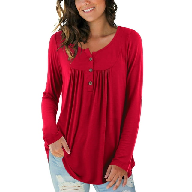 Amoretu Womens T Shirt V Neck Blouse Solid Color Tunic Long Sleeve