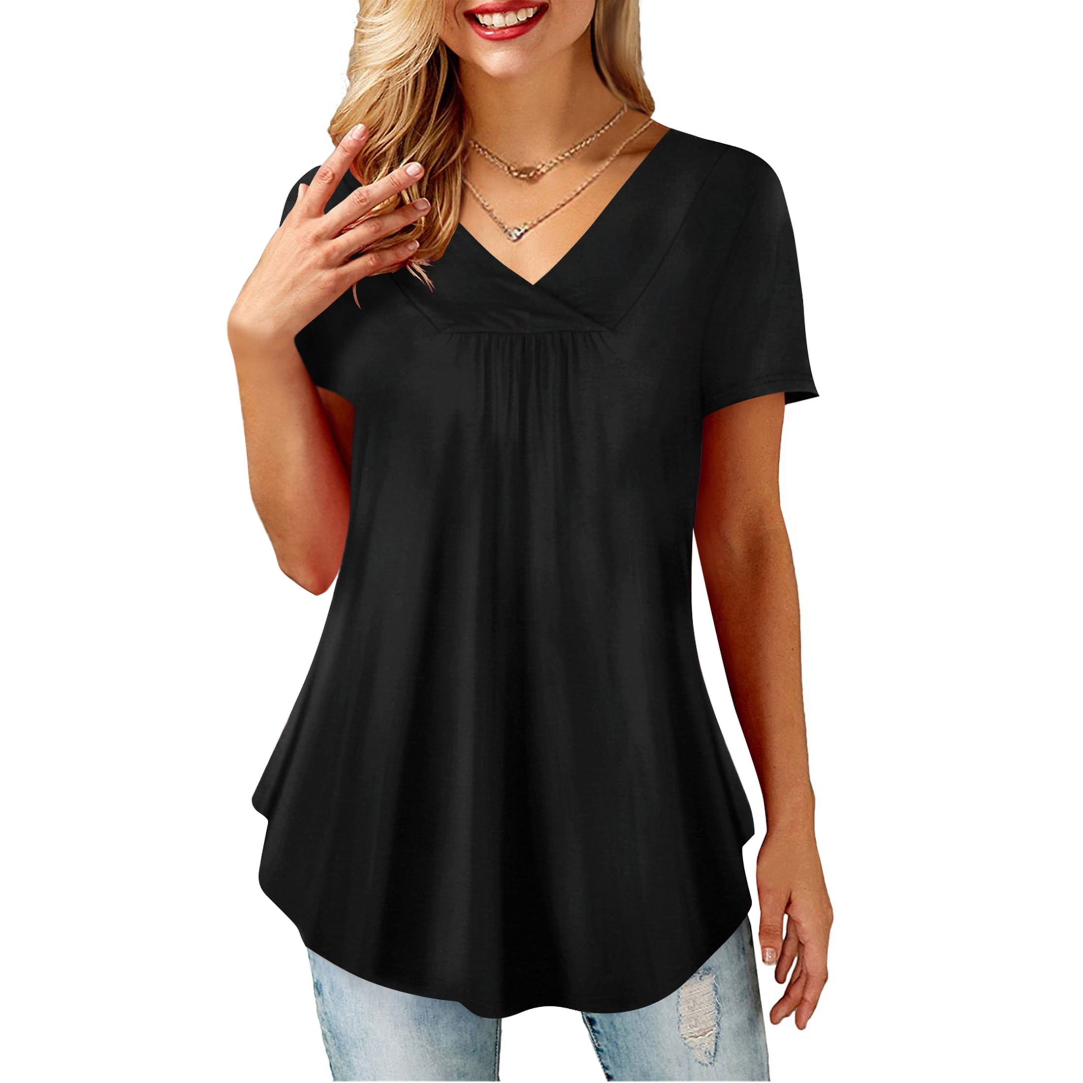 Amoretu Women's Tunic V Neck Short Sleeve Plain Shirts Tops Blouses ...