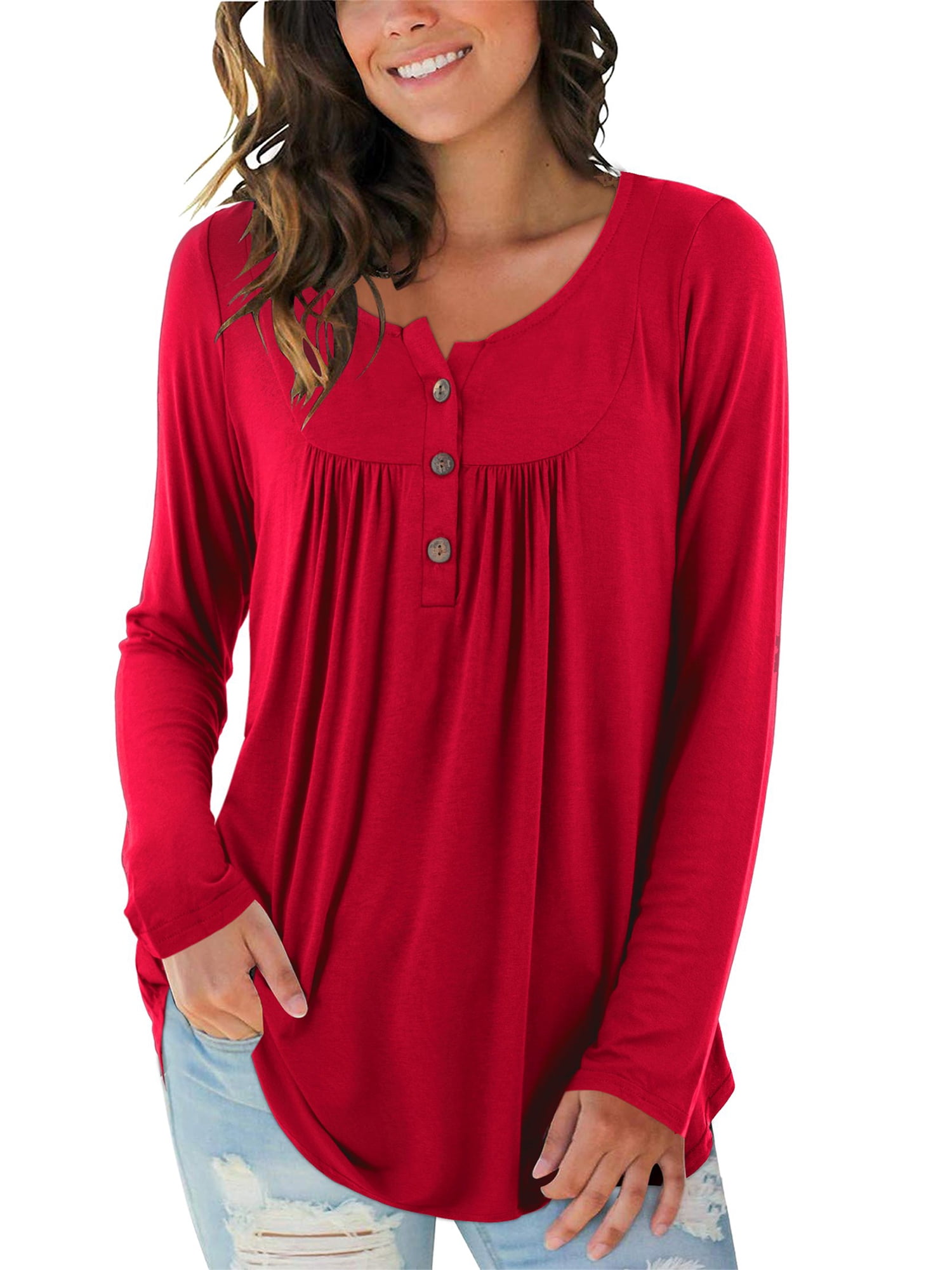 Amoretu Women's V Neck Tee Shirts Placket Tunic Tops Henley Blouse Red ...