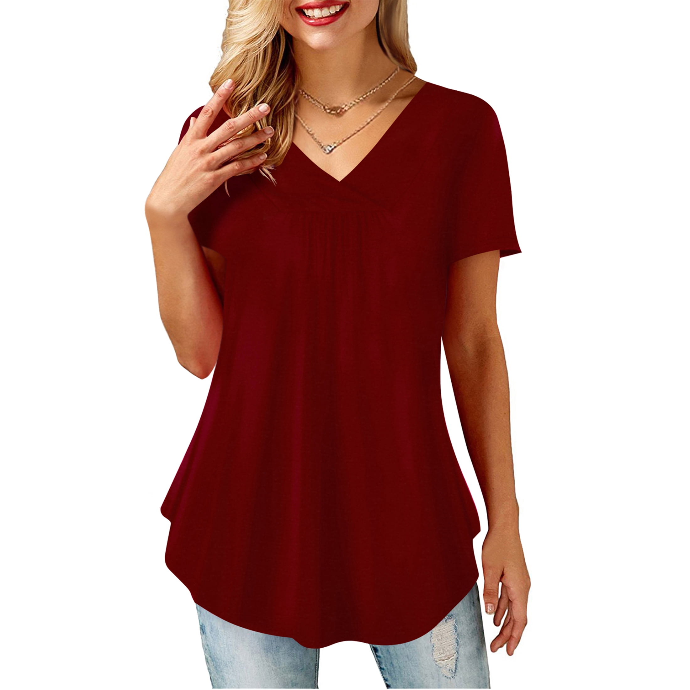 Amoretu Women's V Neck Tops Summer Short Sleeve Pleated T-Shirts ...