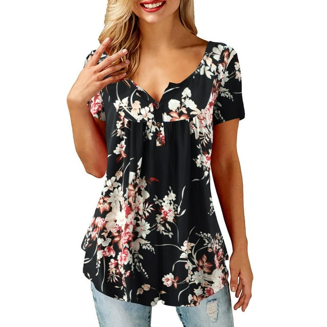 Amoretu Womens Henley Shirts Short Sleeve Tunic Tops Floral Blouse