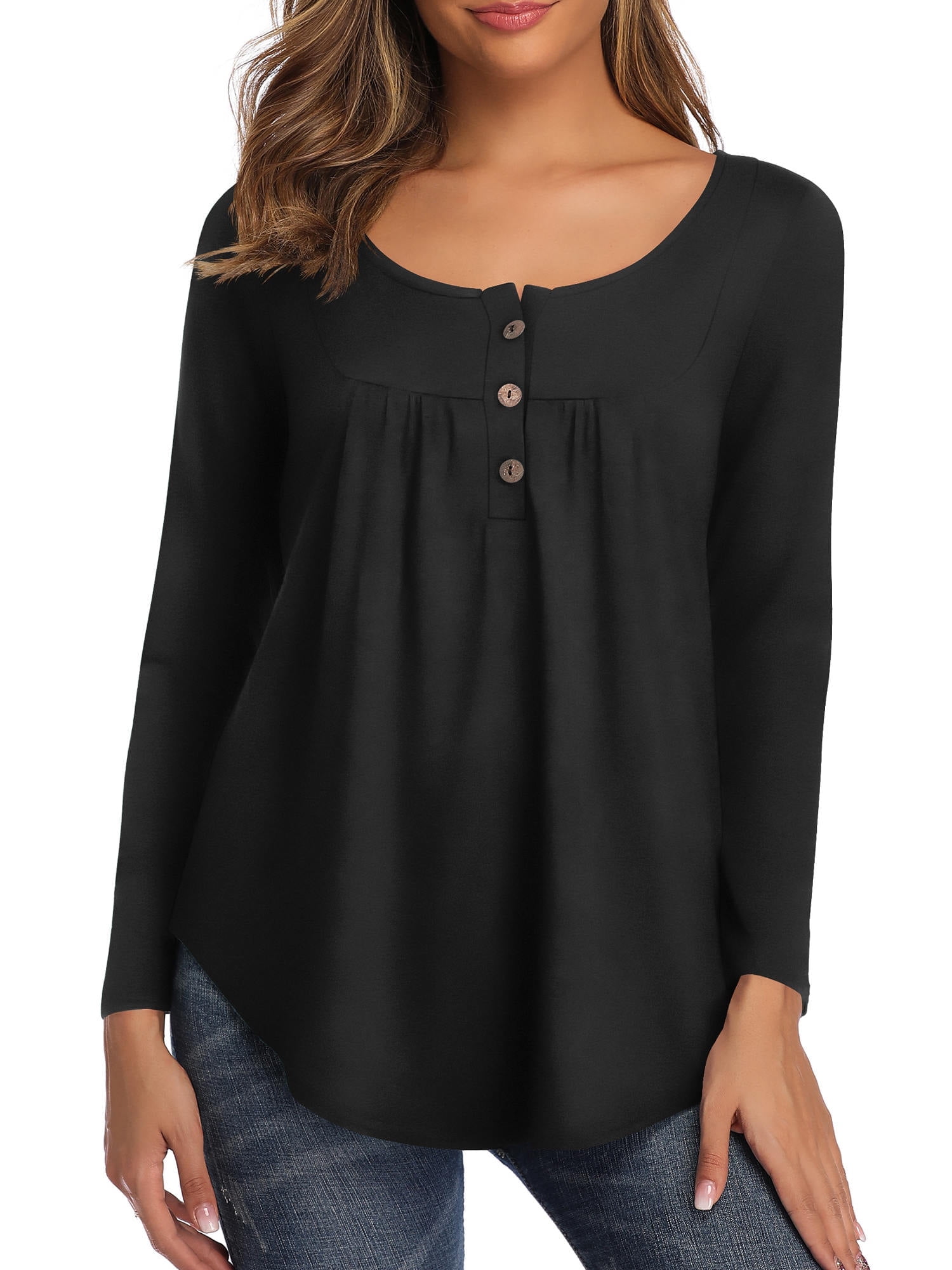 Amoretu Women Henley Tops Casual Flared Long Sleeve Tunic Shirt Black S ...