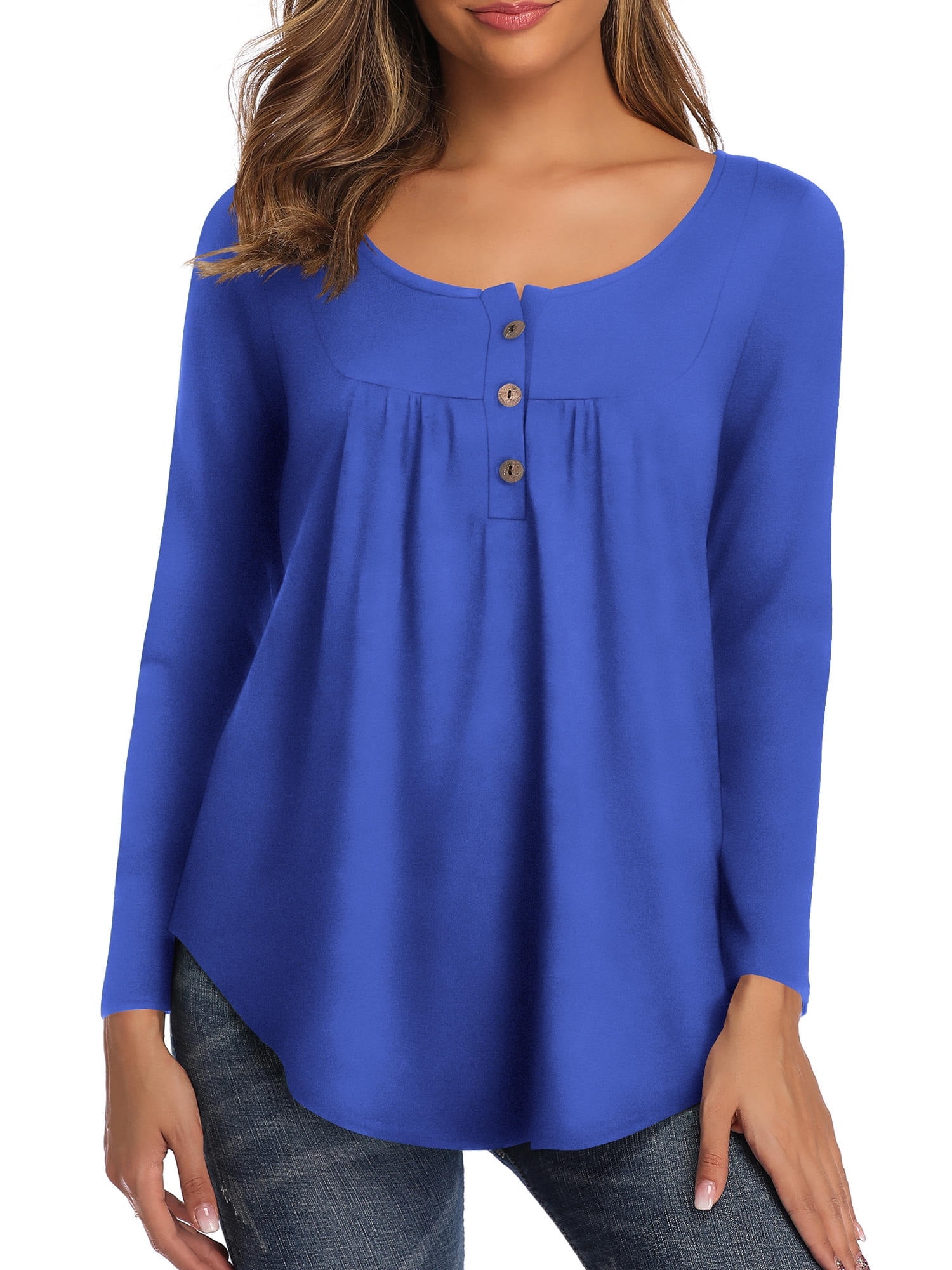 Amoretu Womens Henley Tops Long Sleeve Casual Flared Tunic Blouse Shirt ...