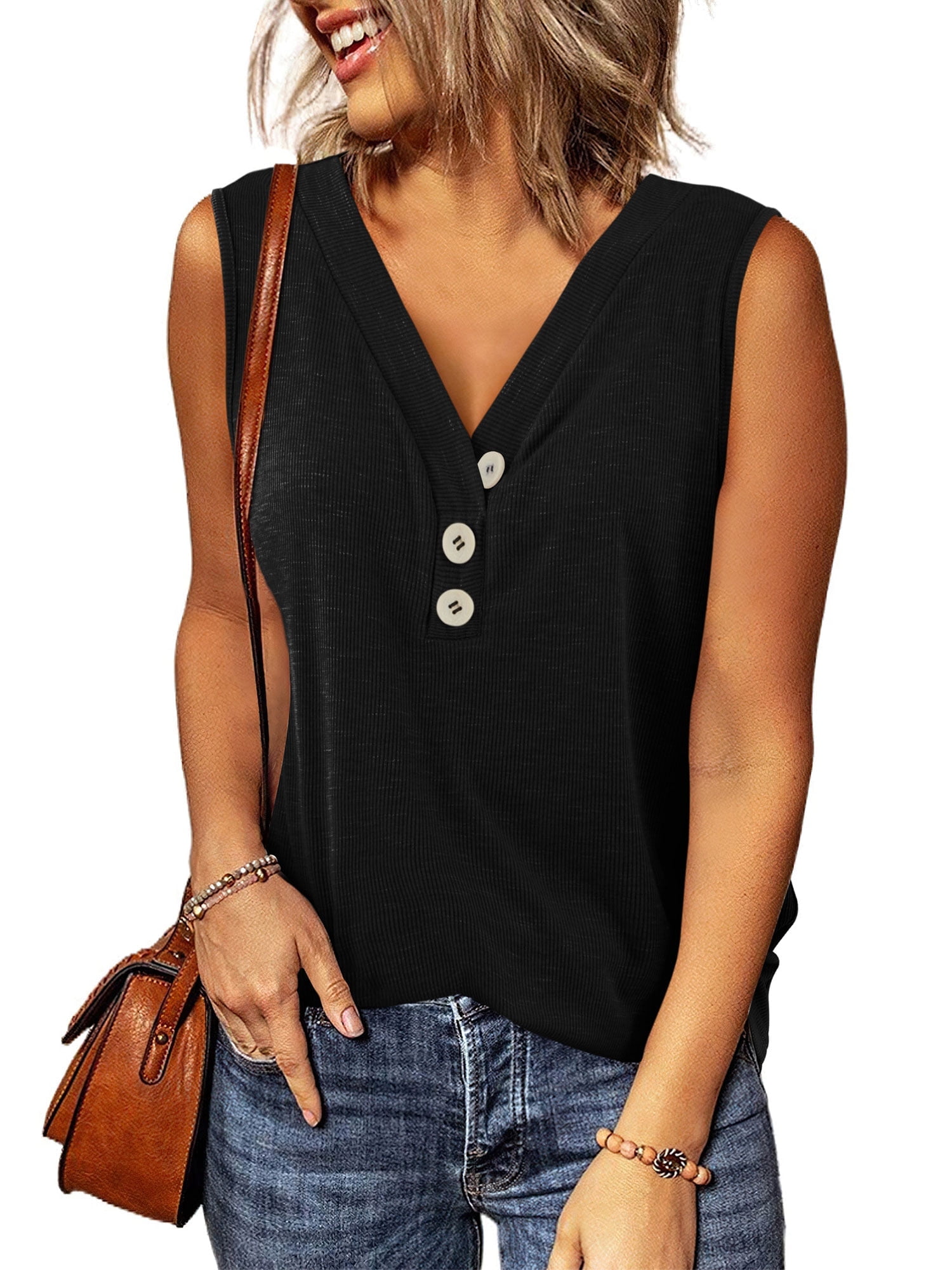 Amoretu Womens Knit Tank Top, V Neck Button Down Henley Shirt, Black, M ...