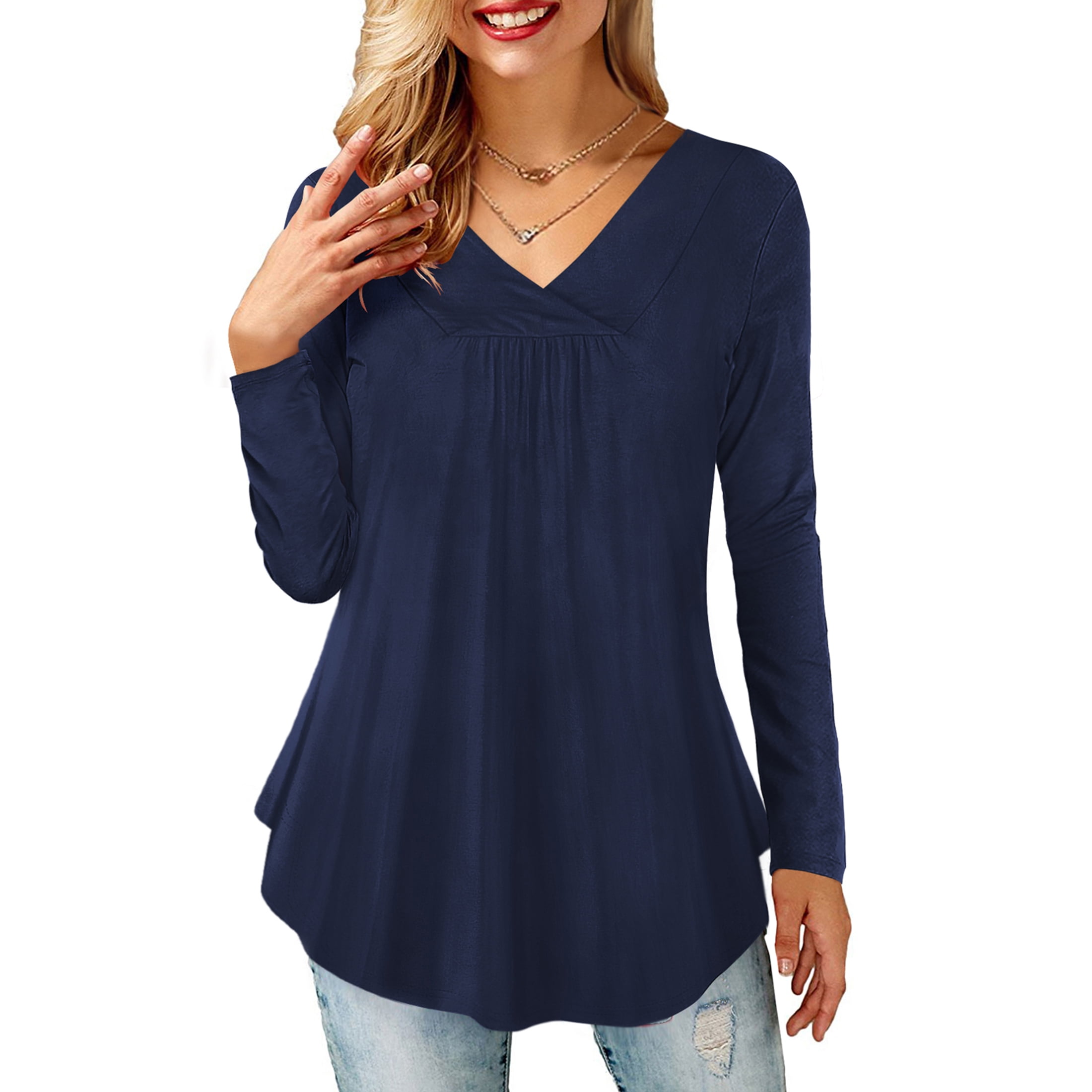 Amoretu Women's Fashion Long Sleeve V Neck Pleated Soft Tunic Top, Navy ...