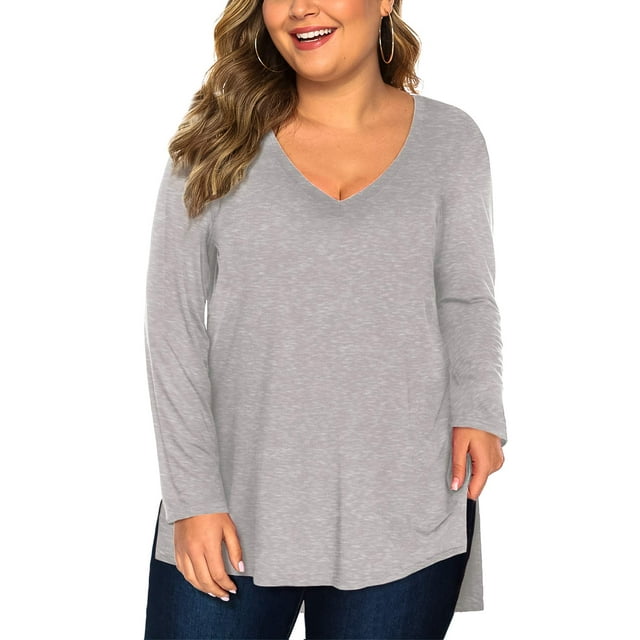 Amoretu Womens Long Sleeve Tops V Neck T Shirt Plus Size Split Tee Gray