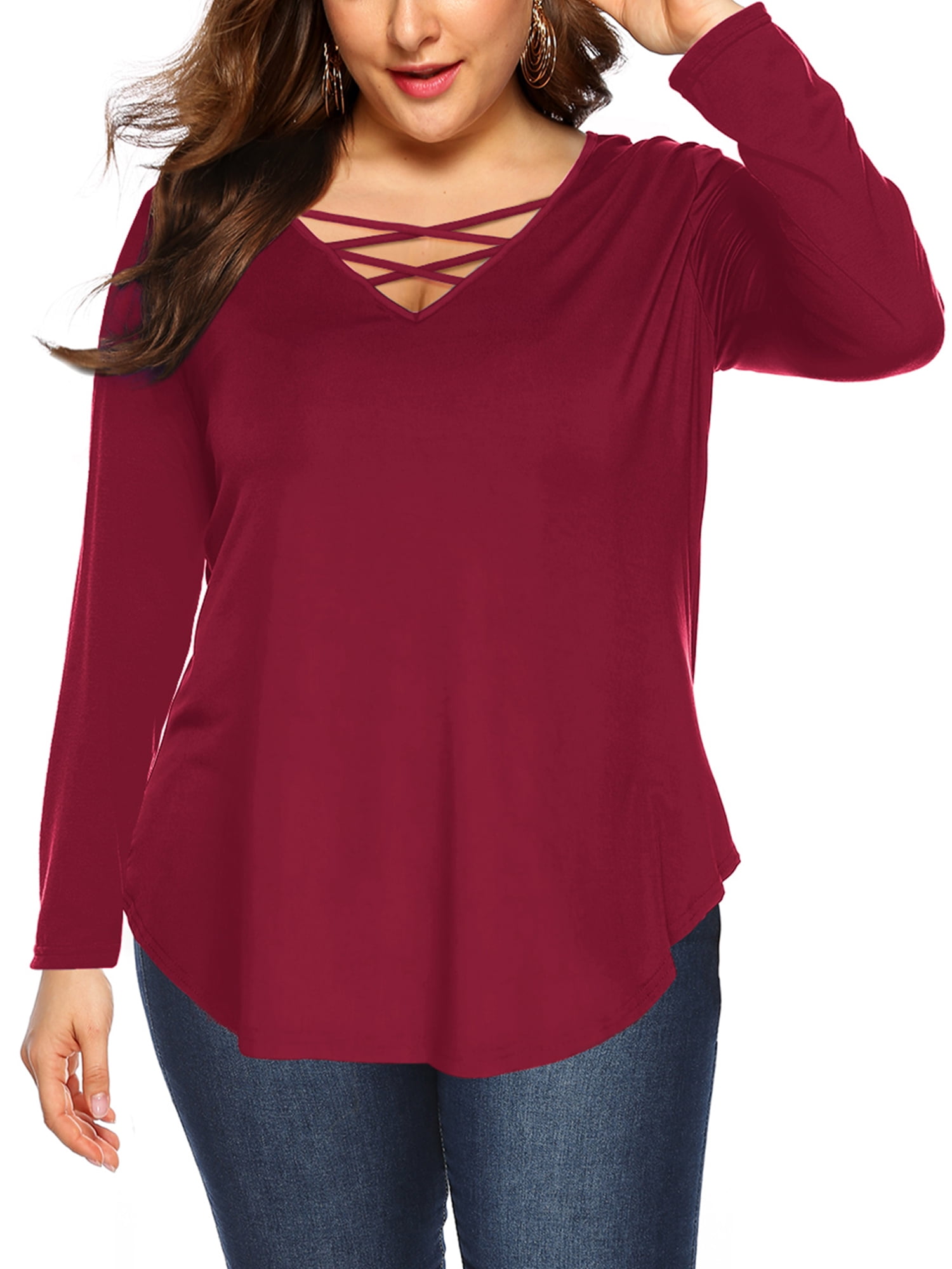 Amoretu Womens Long Sleeve Tunic Plus Size Criss Cross Tshirts Burgundy ...