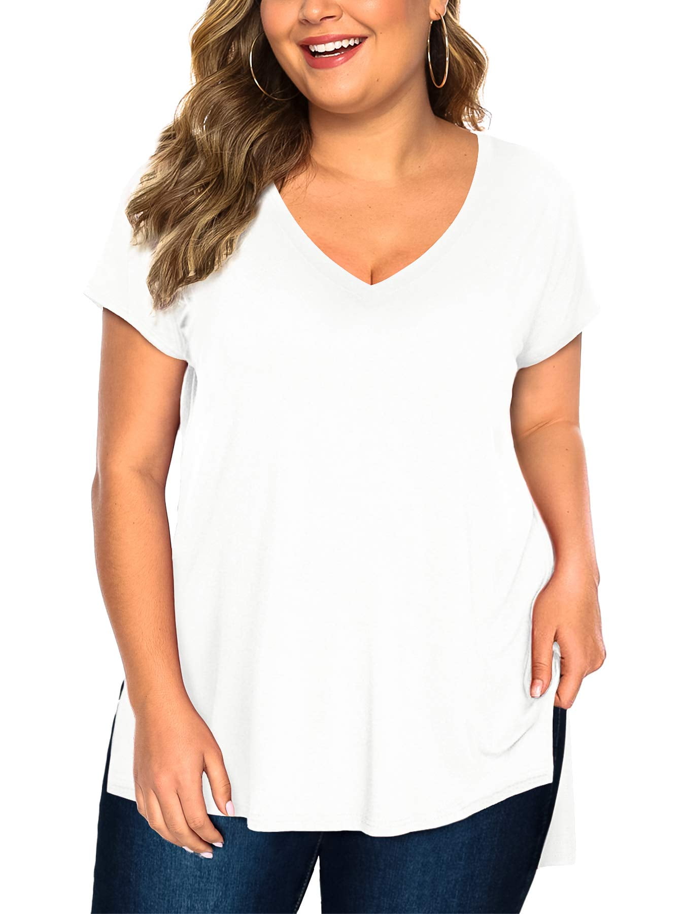 Amoretu Plus Size Casual High-Low Tops for Women, Short Sleeve V-Neck T ...
