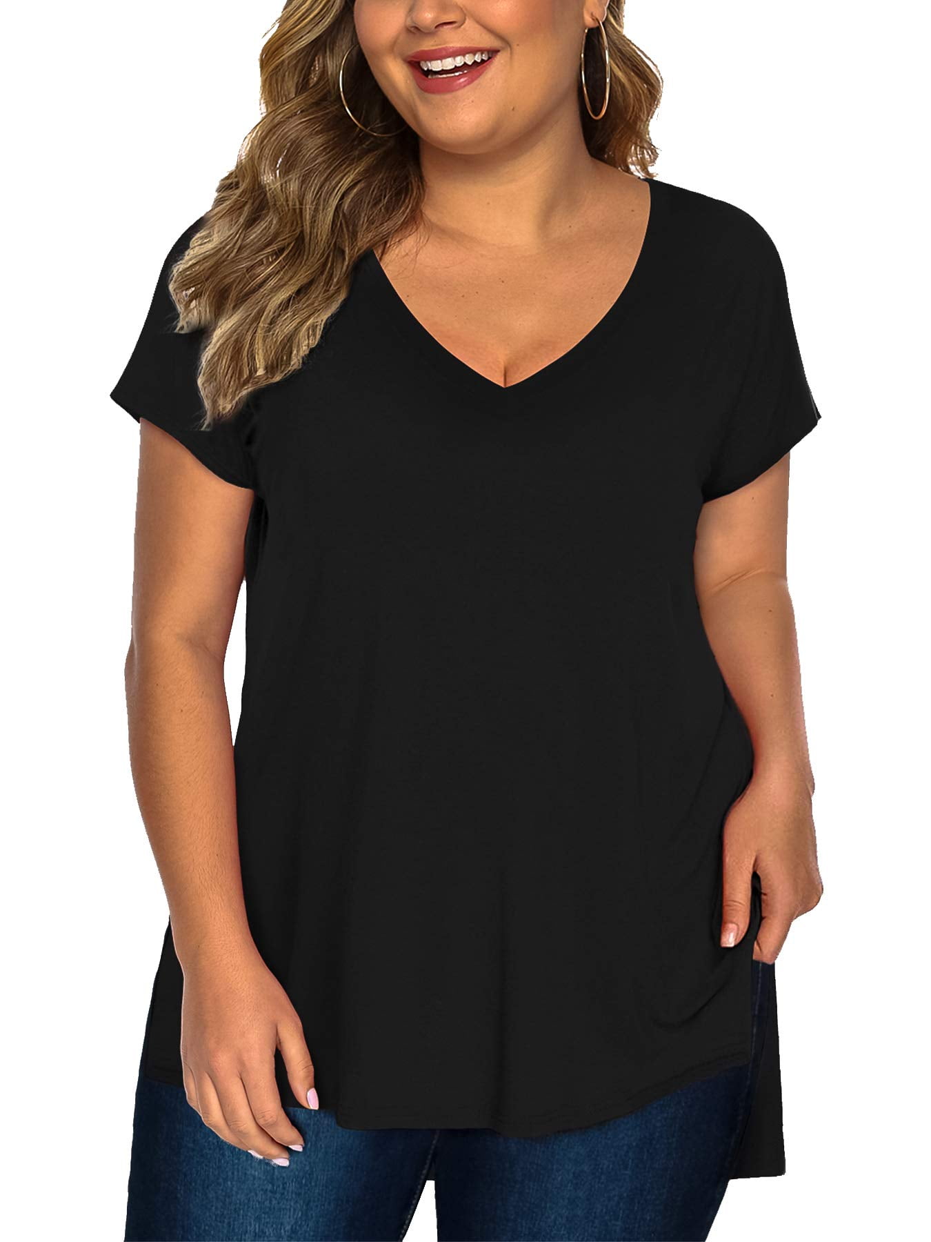 Amoretu Long Pretty Womens Plus Size V Neck Short Sleeve High Low Tops ...