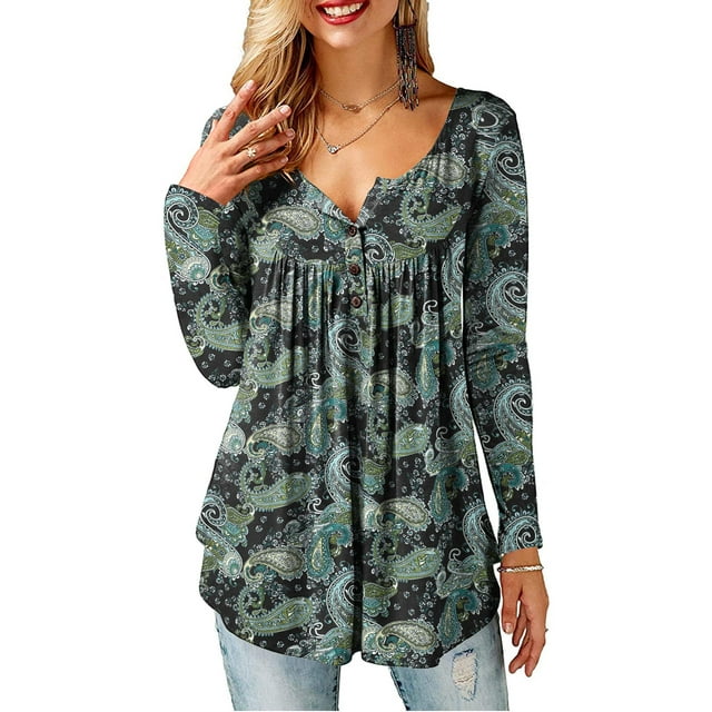 Amoretu Womens Plus Size Tunic Tops Long Sleeve Casual Floral Henley