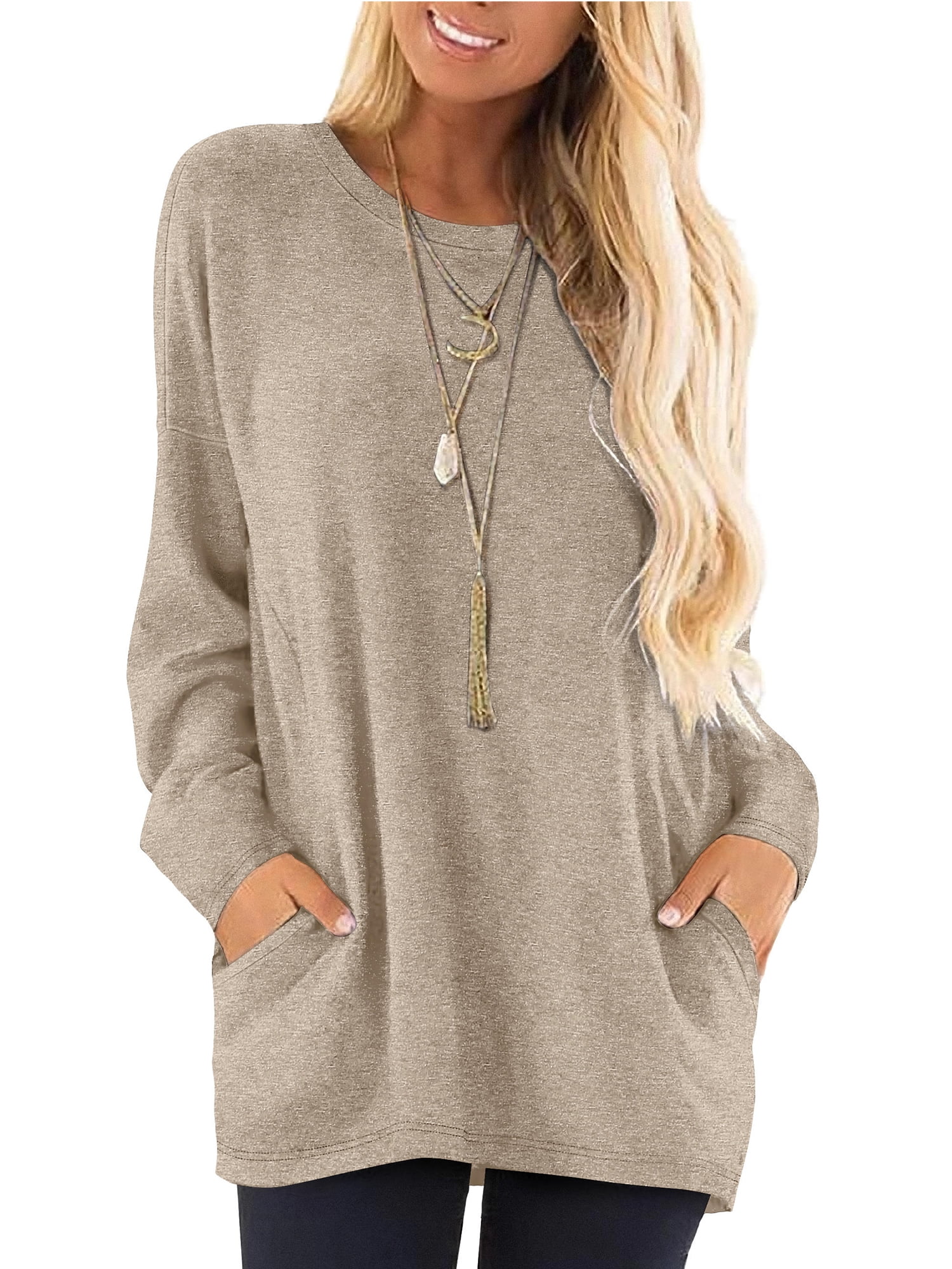 Amoretu Trendy Womens Scoop Neck Long Sleeve Tunic Shirt with Pockets ...